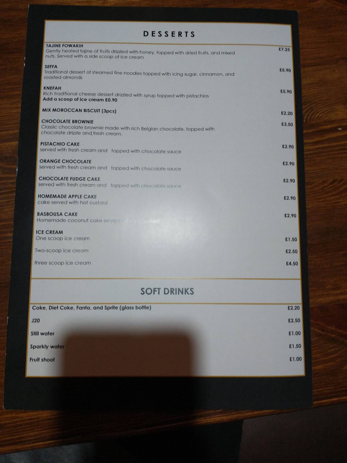 Menu at tajine cave restaurant, Birmingham