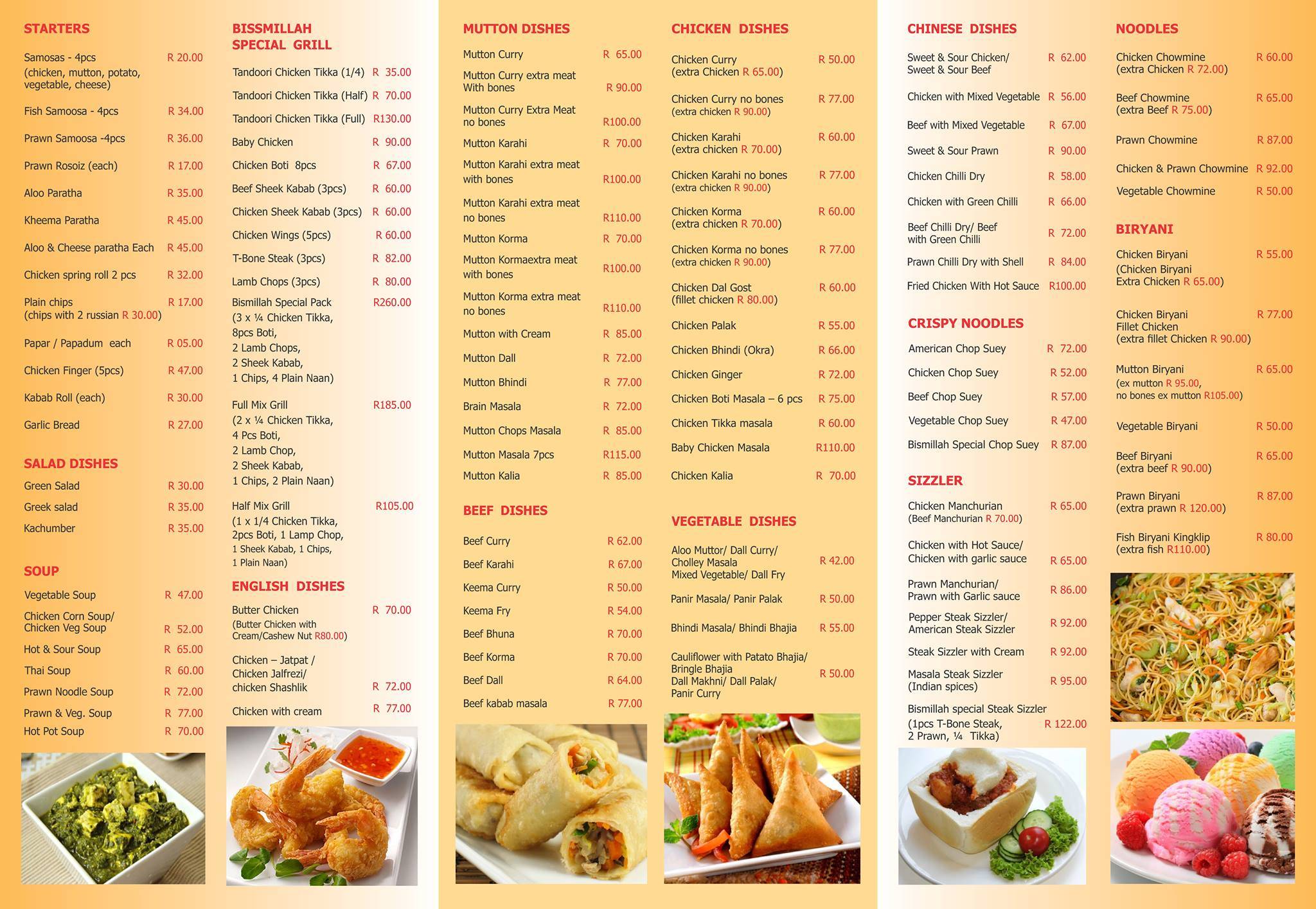 Menu at Bismillah Restaurant-B1, Johannesburg, Fordsburg Towers
