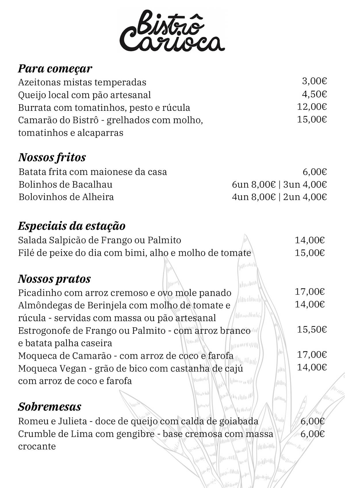 Menu at Bistrô Carioca restaurant, Lisbon
