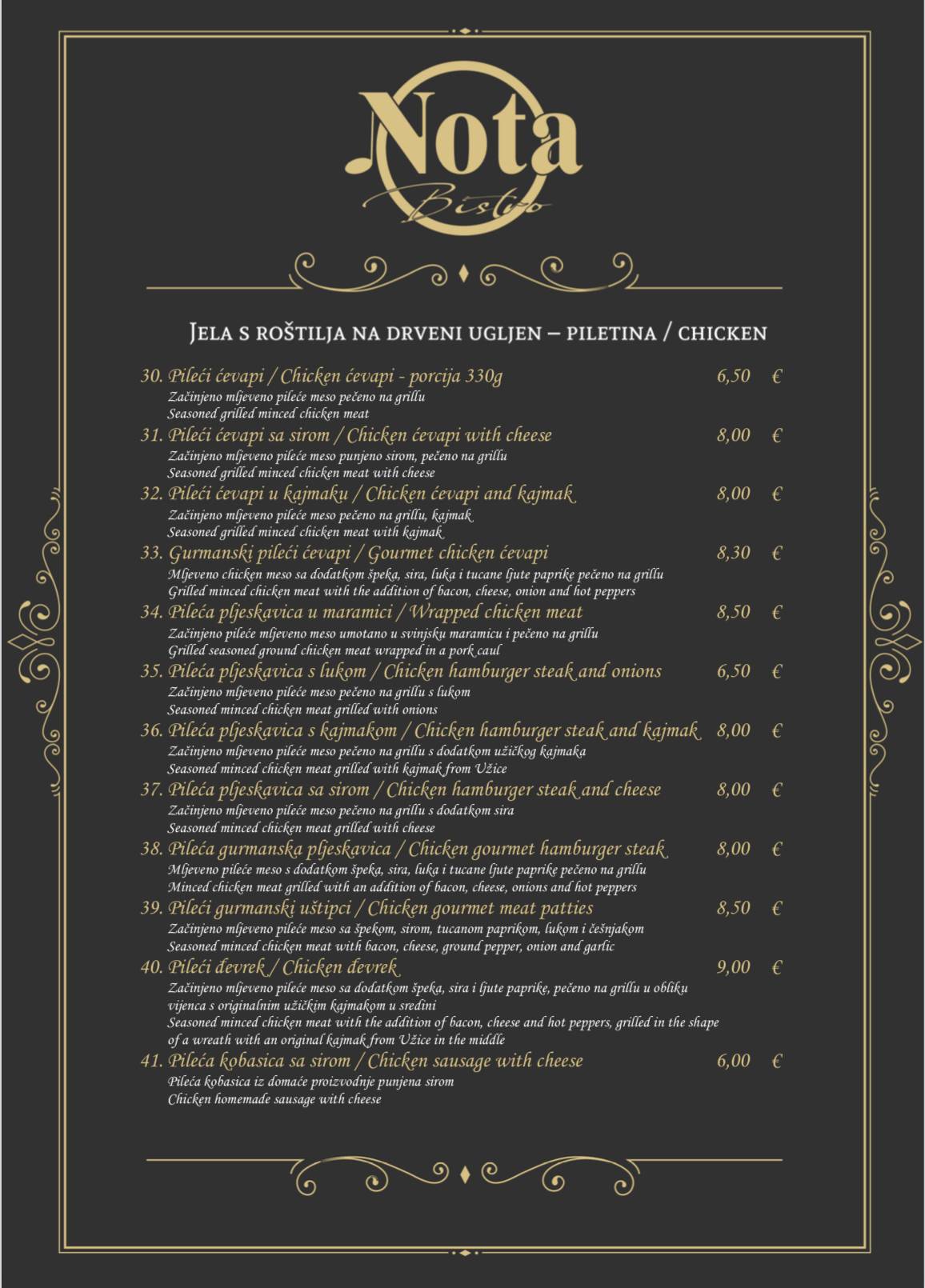 Menu at Bistro Nota restaurant, Dugo Selo
