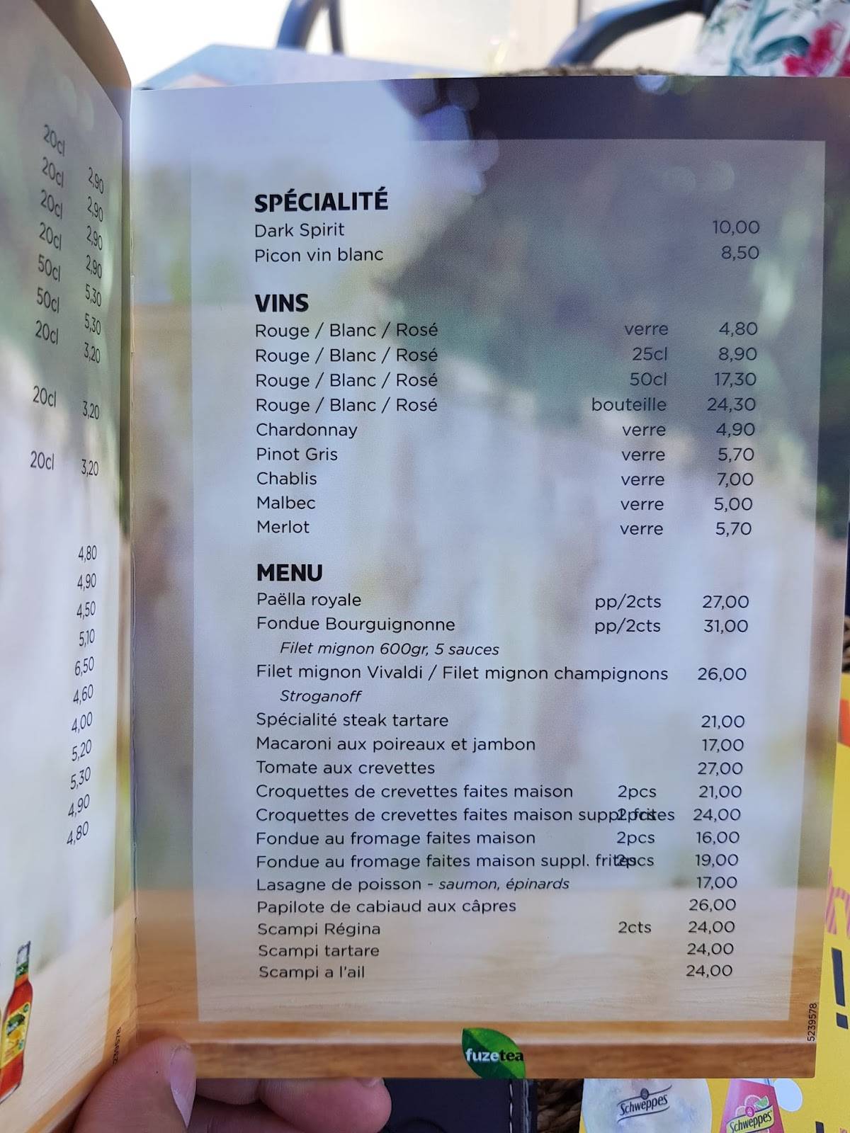 Menu at Bistro Vivaldi, Middelkerke, Oostendelaan 304