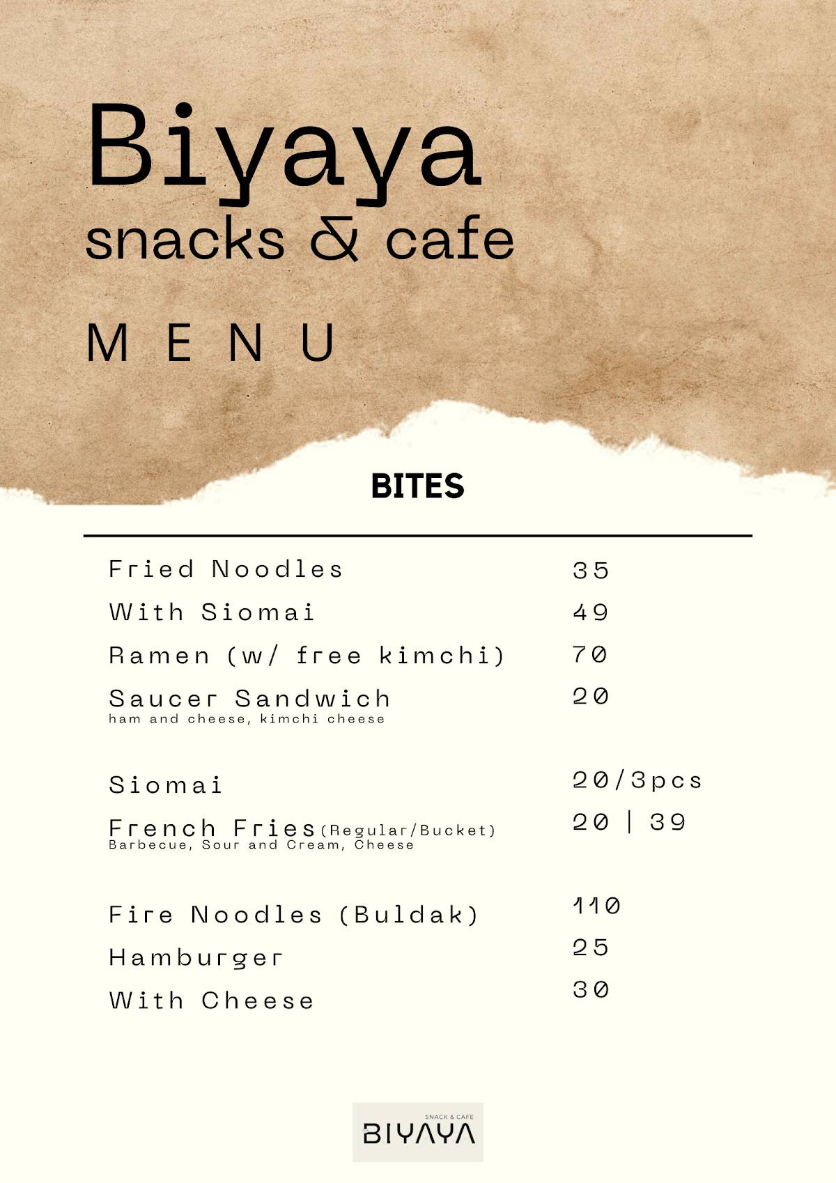 Menu at Biyaya Snacks and Cafe, Kalayaan