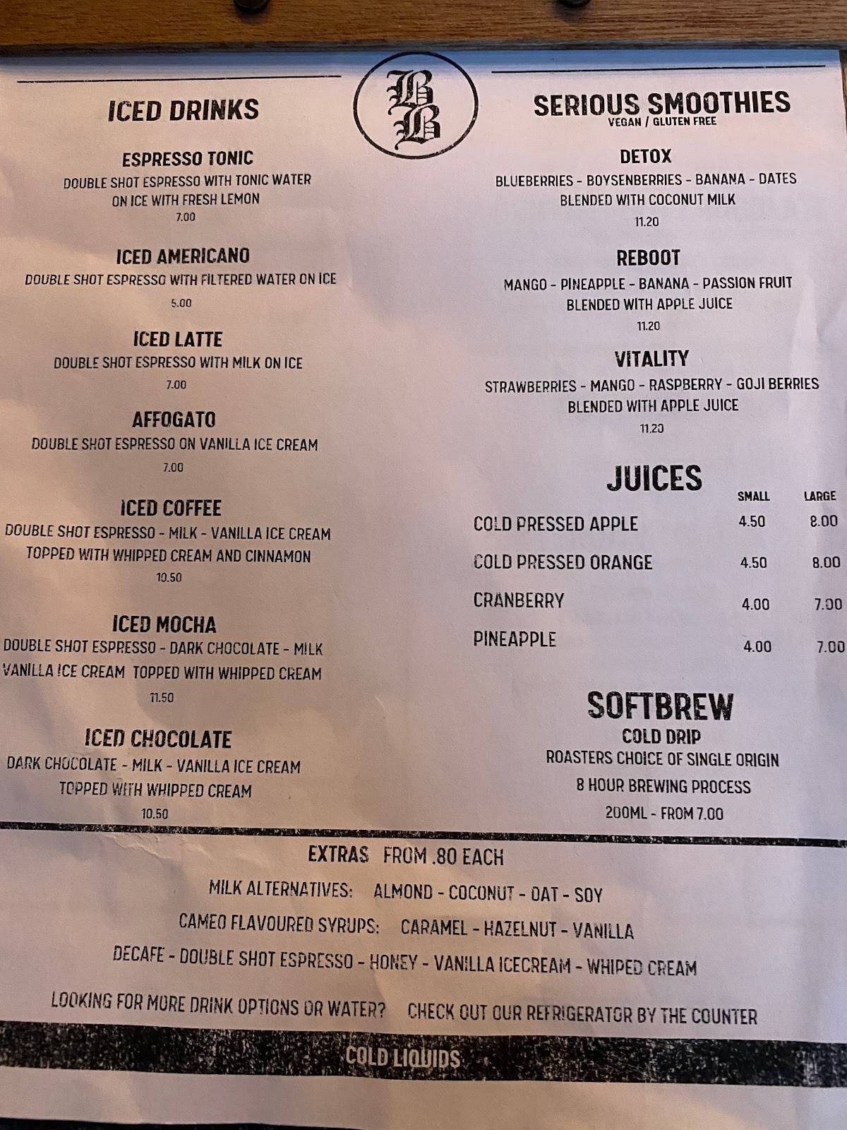 Menu at Black Betty Cafe, Christchurch