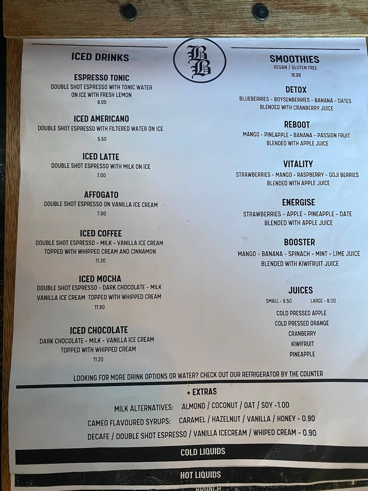 Menu at Black Betty Cafe, Christchurch