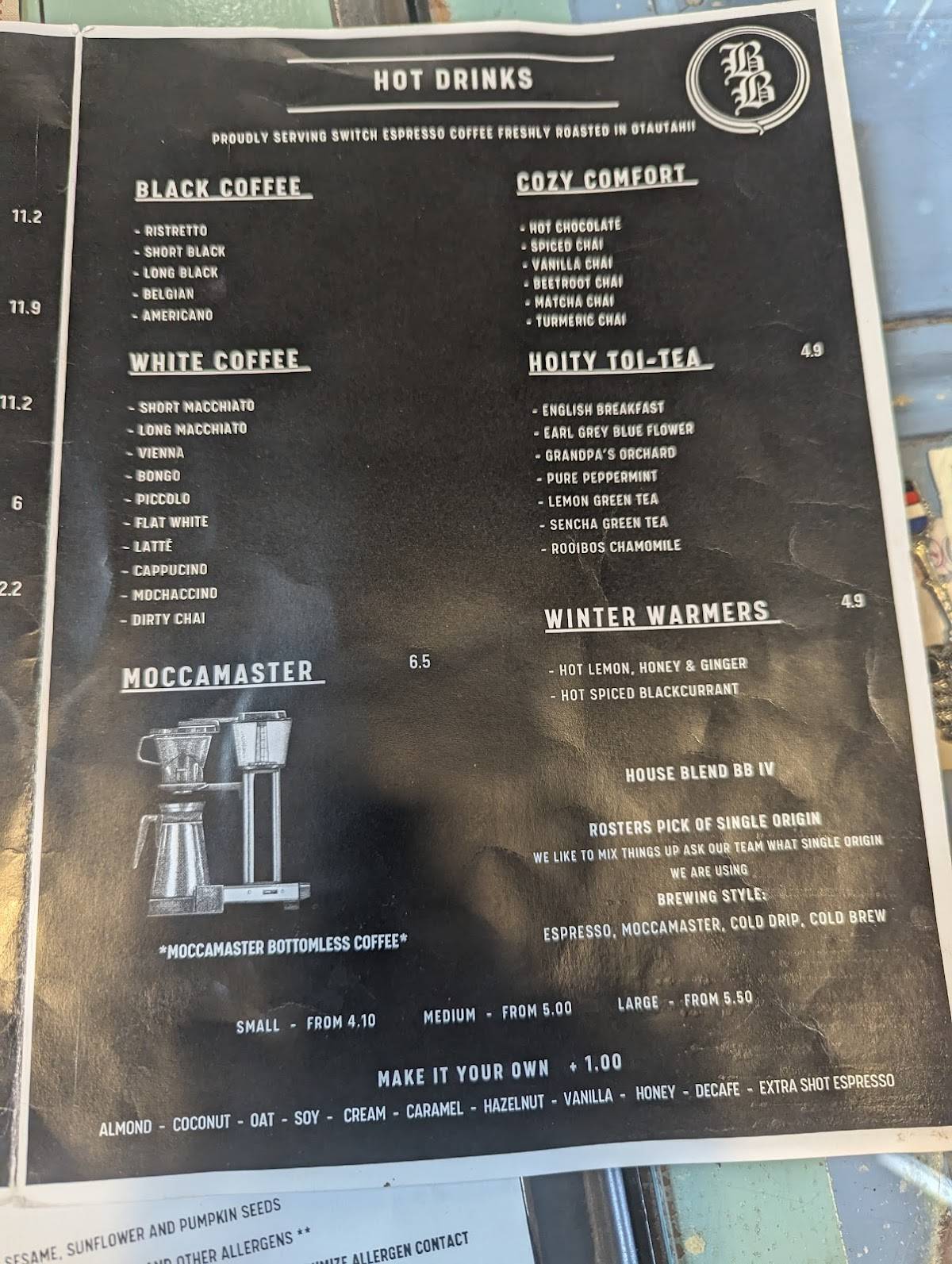 Menu at Black Betty Cafe, Christchurch