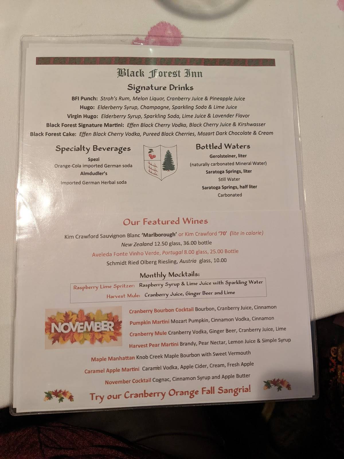 Menu at Black Forest Inn pub & bar, Stanhope