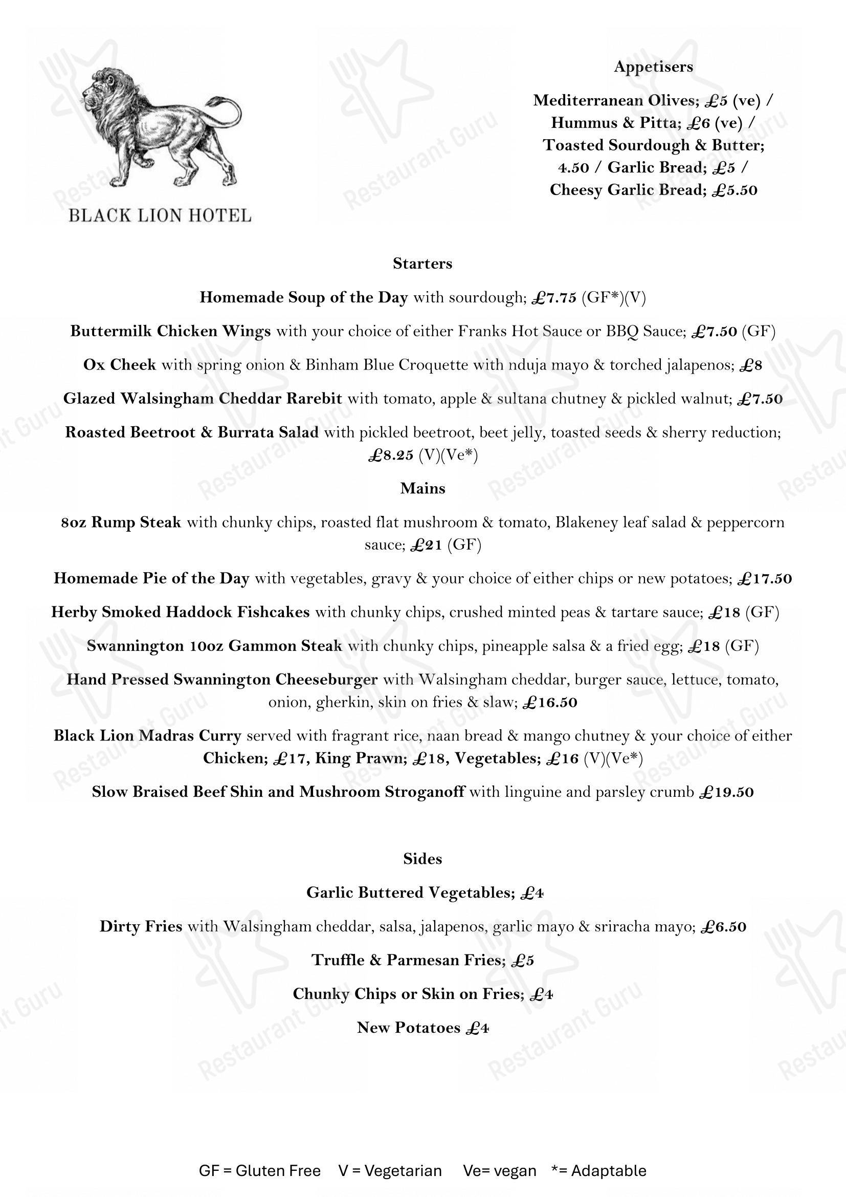 Menu at Black Lion Hotel pub & bar, Walsingham