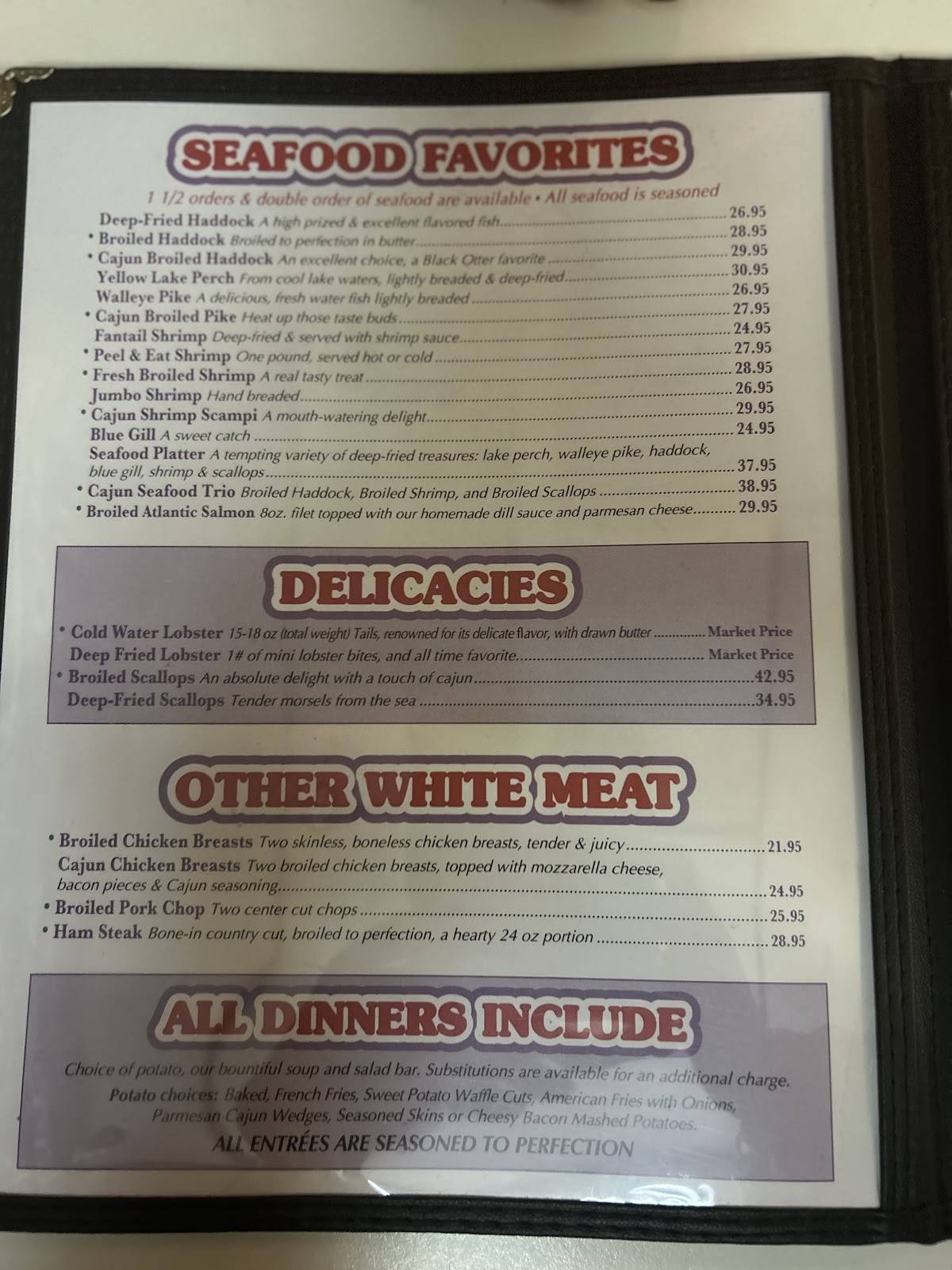 Menu at Black Otter Supper Club, Hortonville