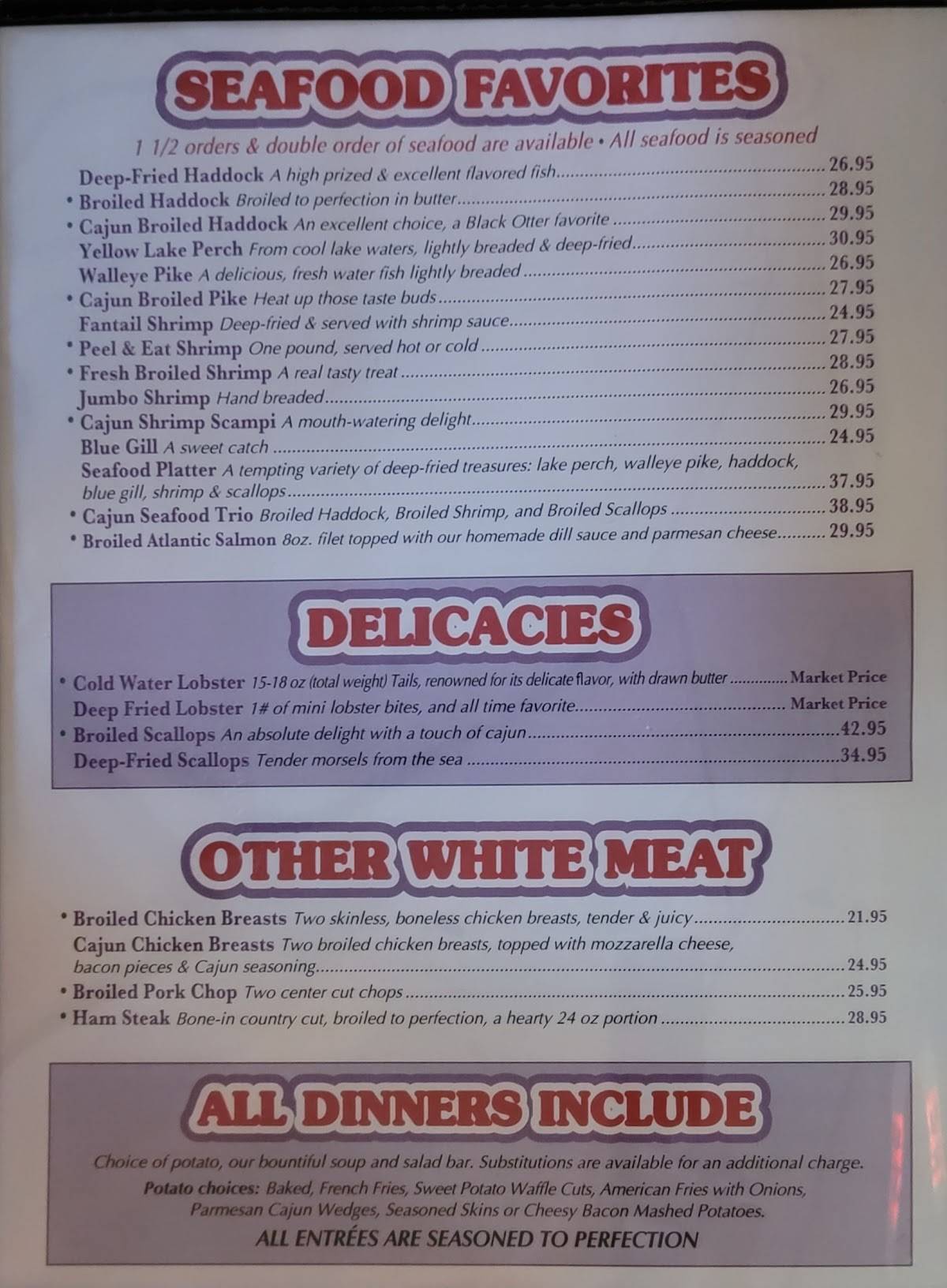 Menu at Black Otter Supper Club, Hortonville
