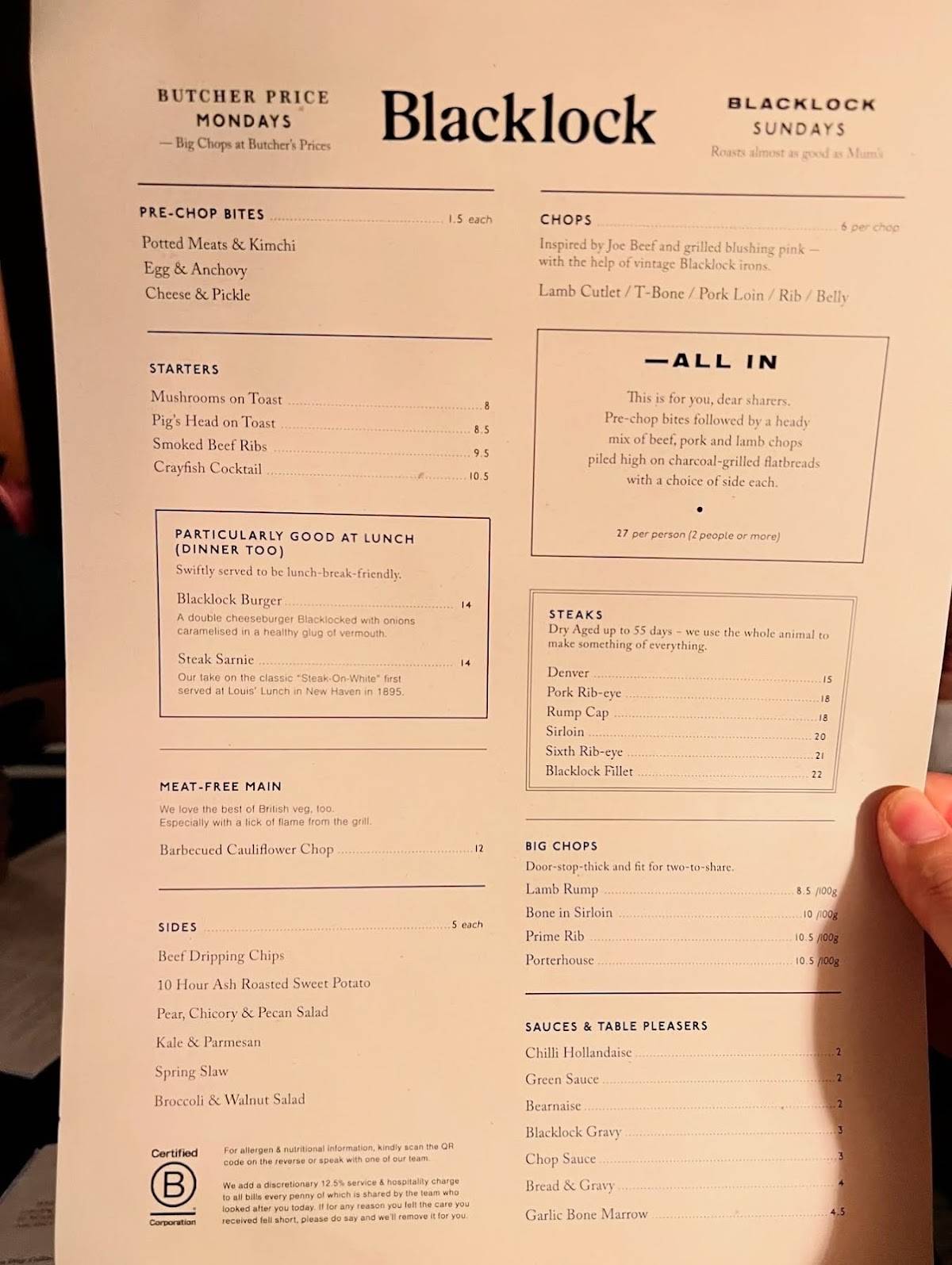 Menu at Blacklock Covent Garden steakhouse, London