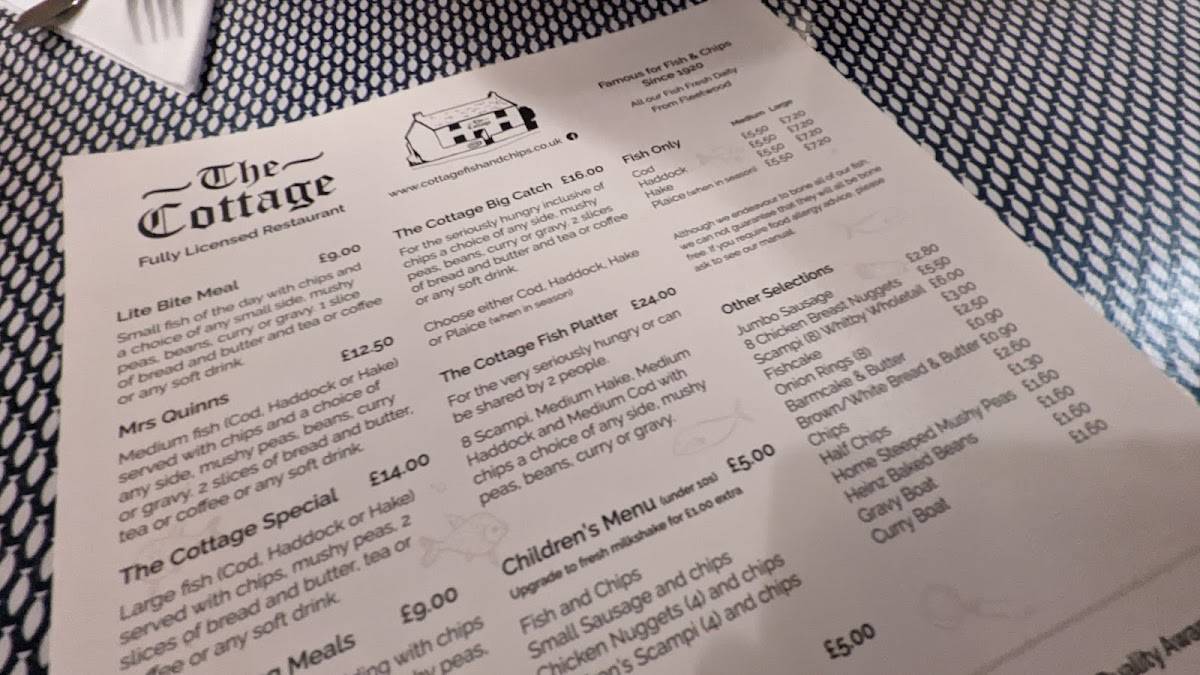 Menu at The Cottage • Licensed Fish & Chip Restaurant & Takeaway, Blackpool