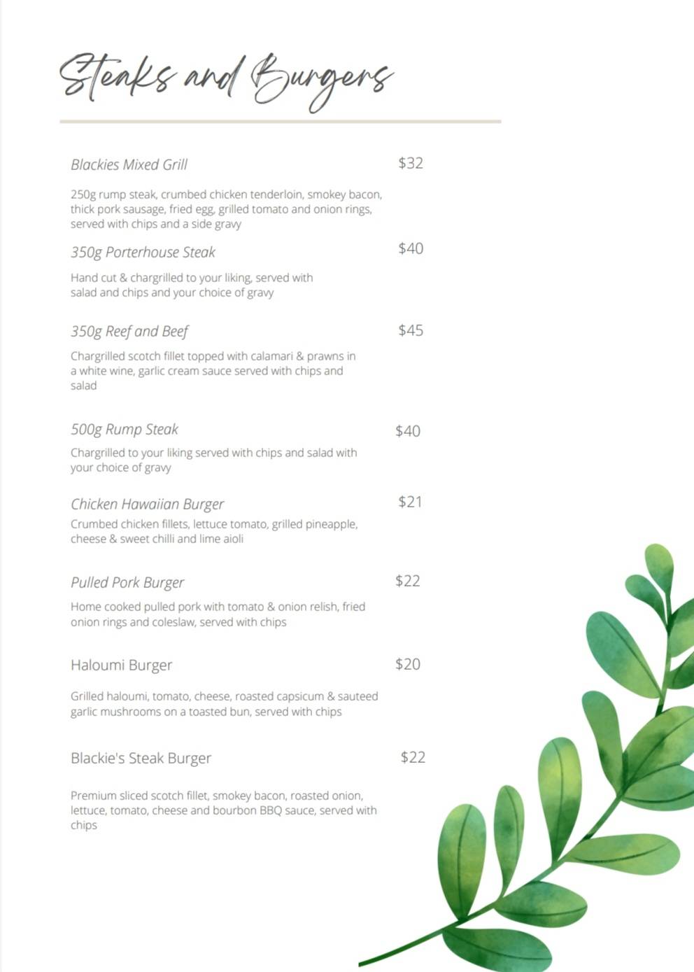 Menu at The Blacksmith's Inn restaurant, One Tree Hill