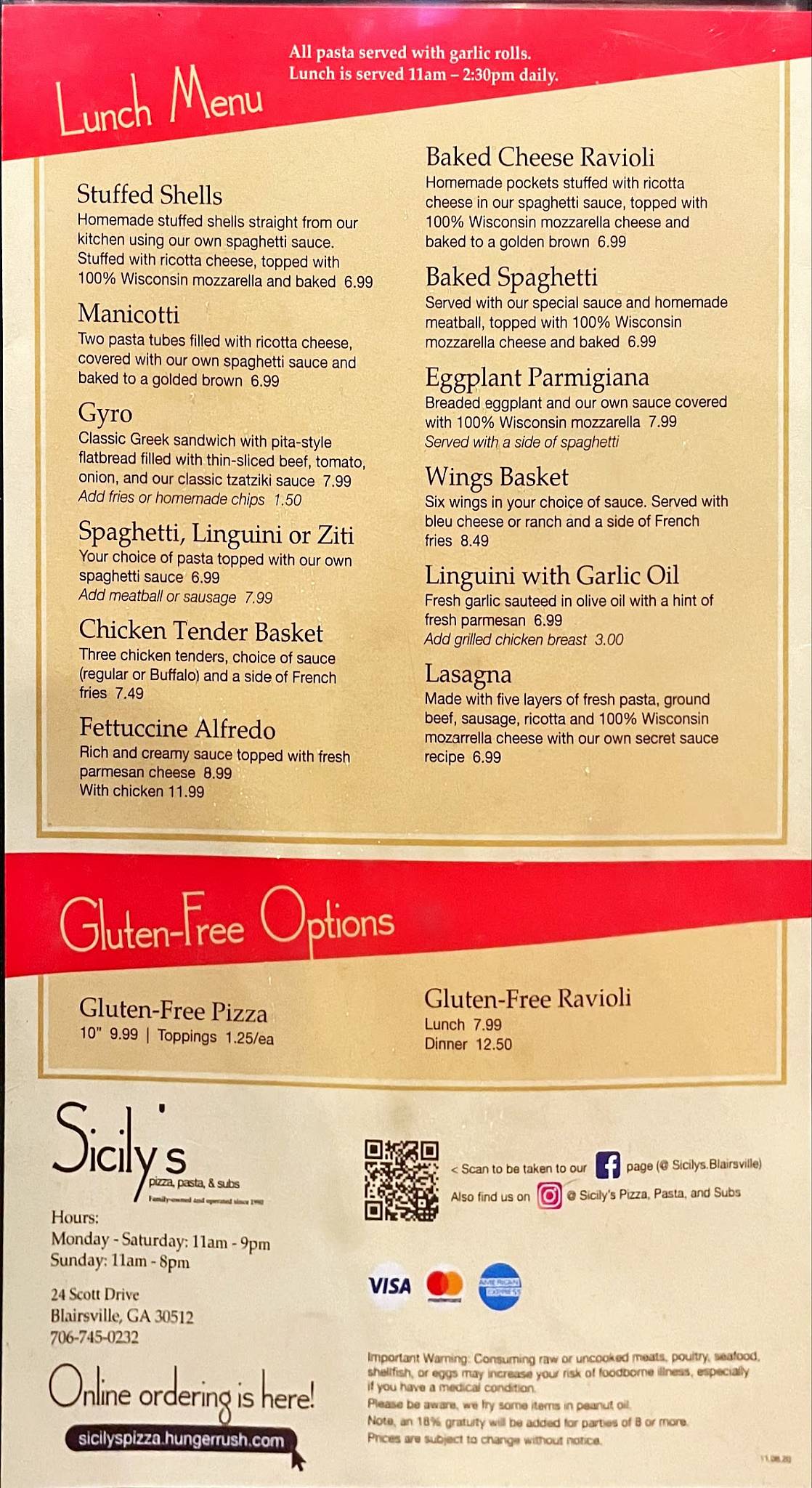 Menu at Sicily's Pizza, Pasta & Subs pizzeria, Blairsville