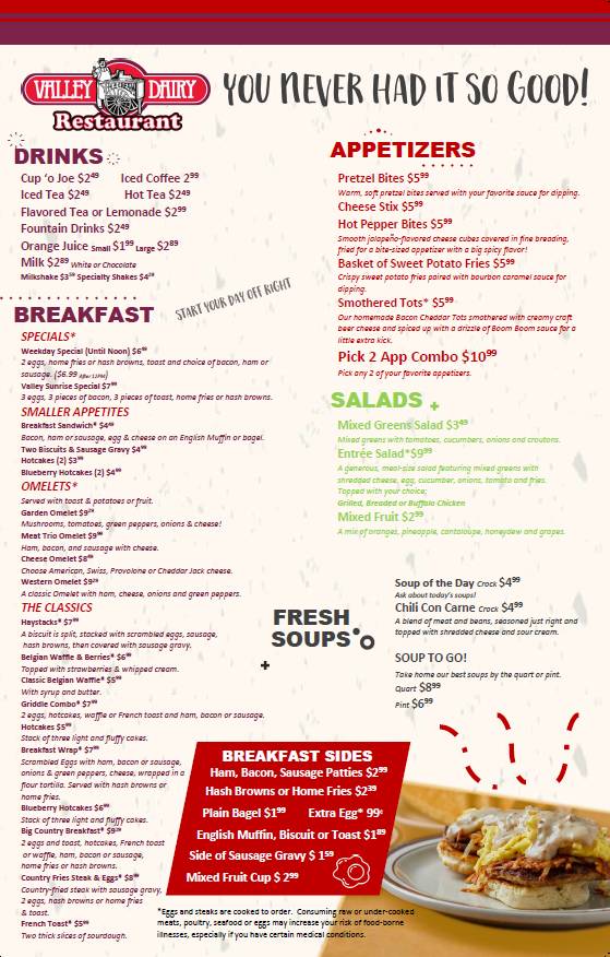 Carta de Valley Dairy Restaurant, Blairsville, 920 US-22