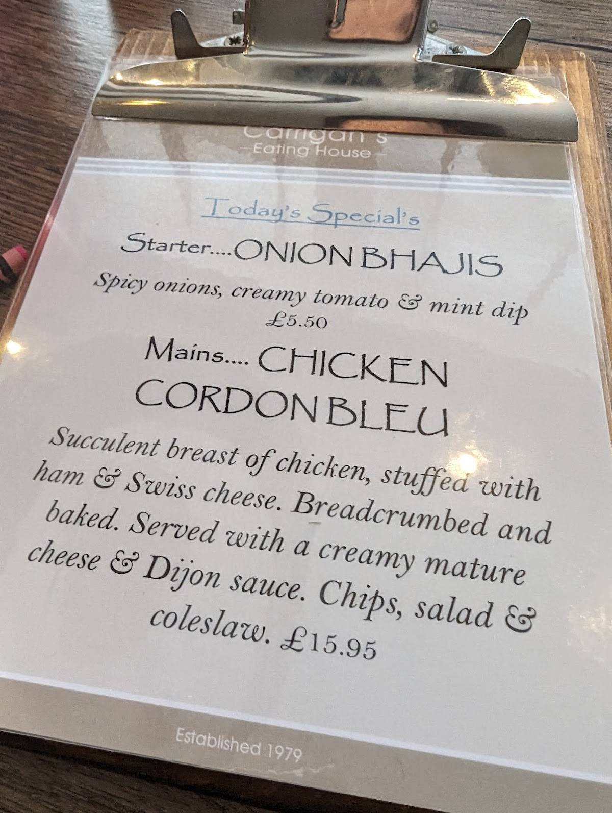 Menu at Carrigan's Blantyre restaurant, Glasgow