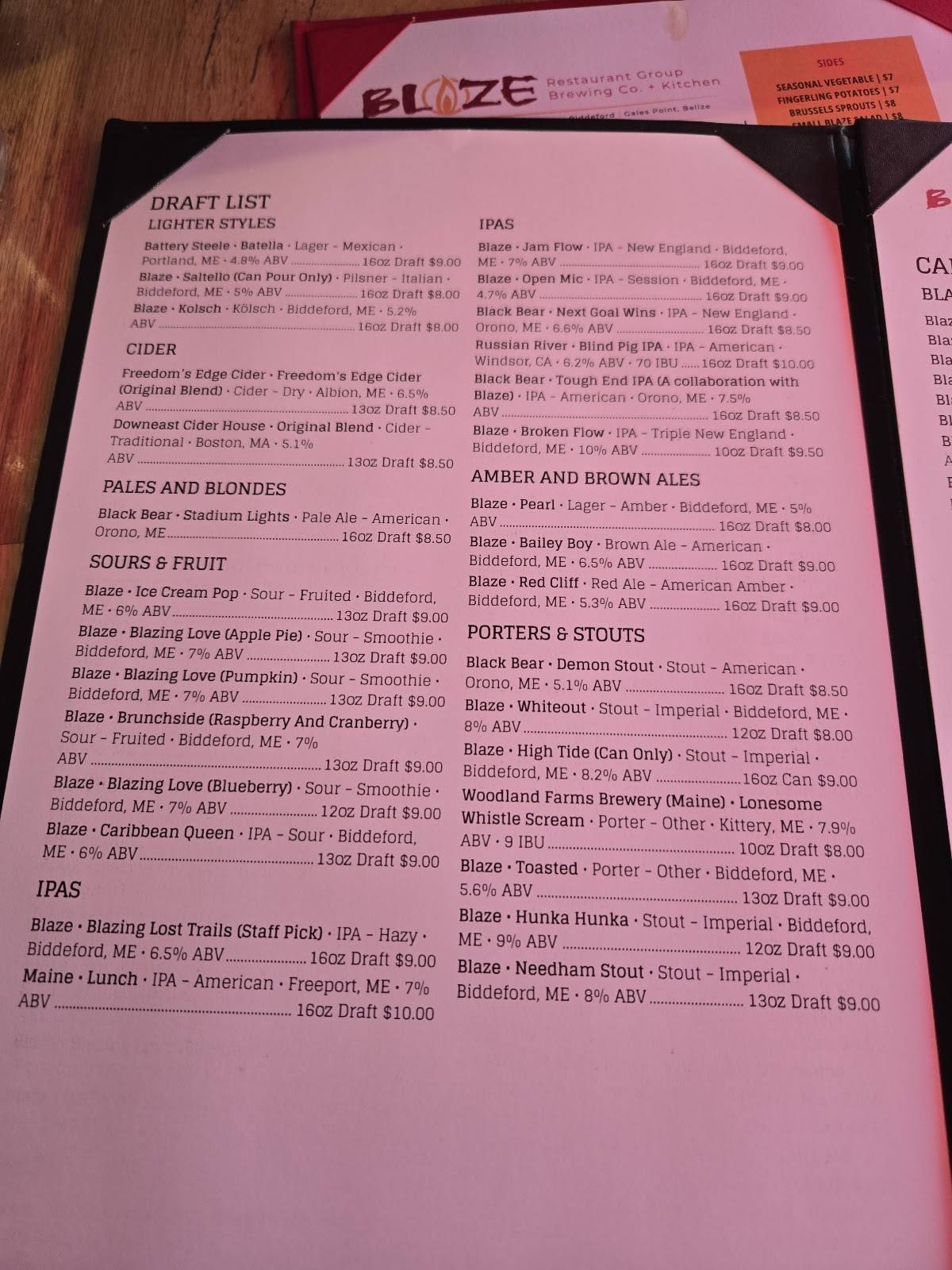 Menu at Blaze pub & bar, Bar Harbor
