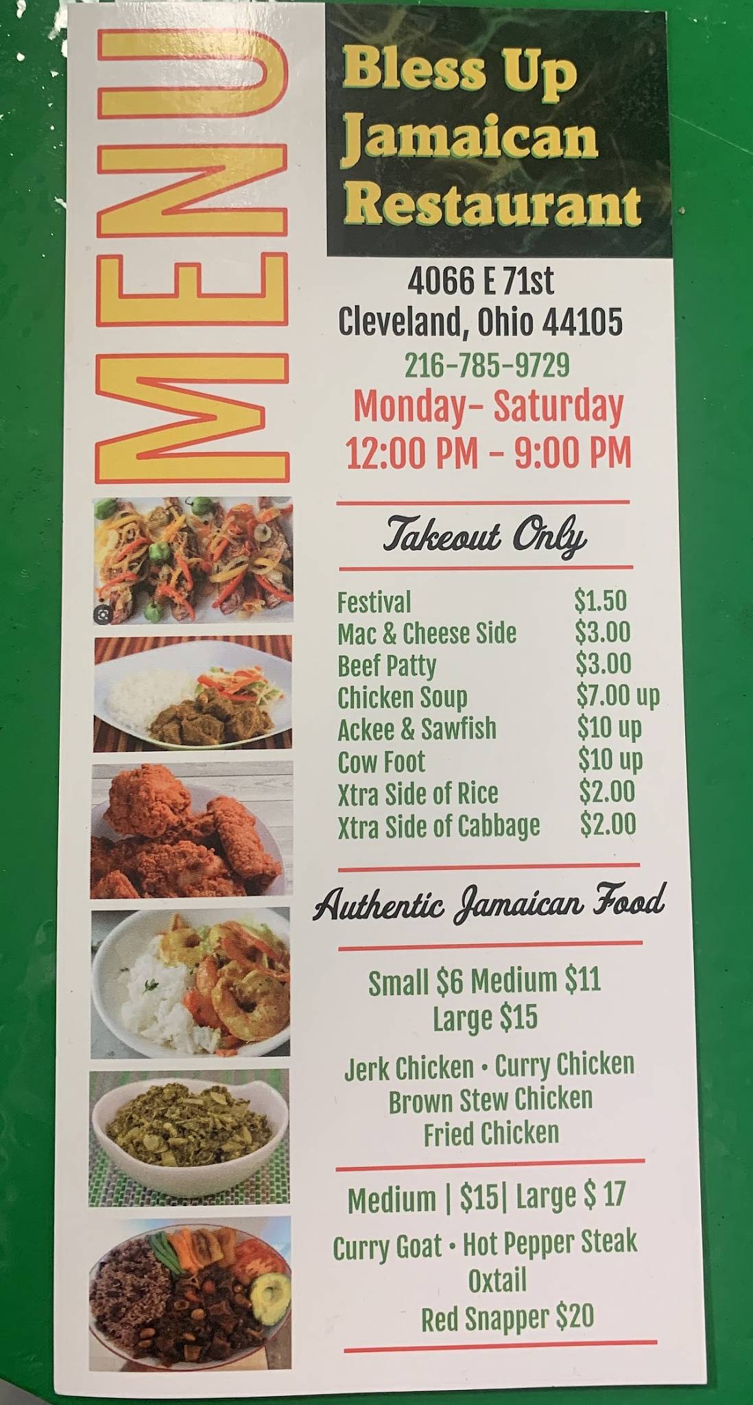 Carta de Bless Up Jamaican Restaurant, Cleveland