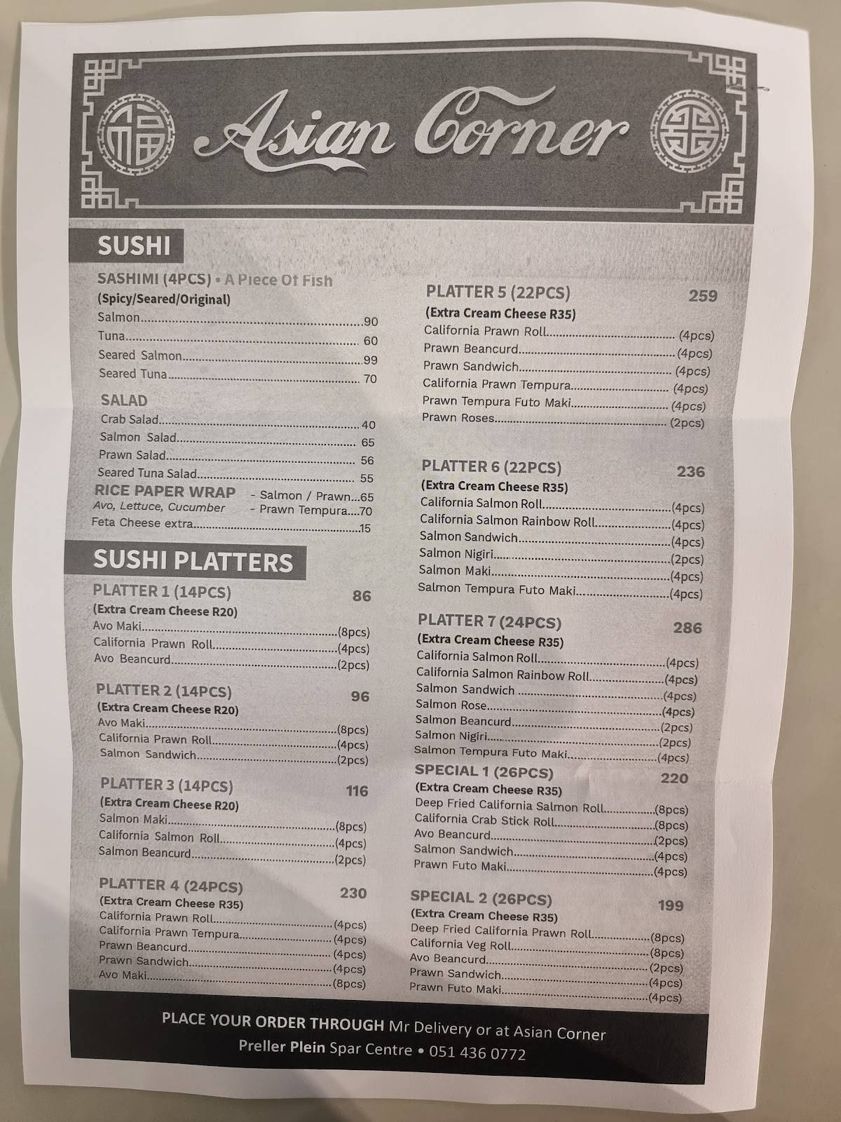 Menu at Asian Corner restaurant, Bloemfontein