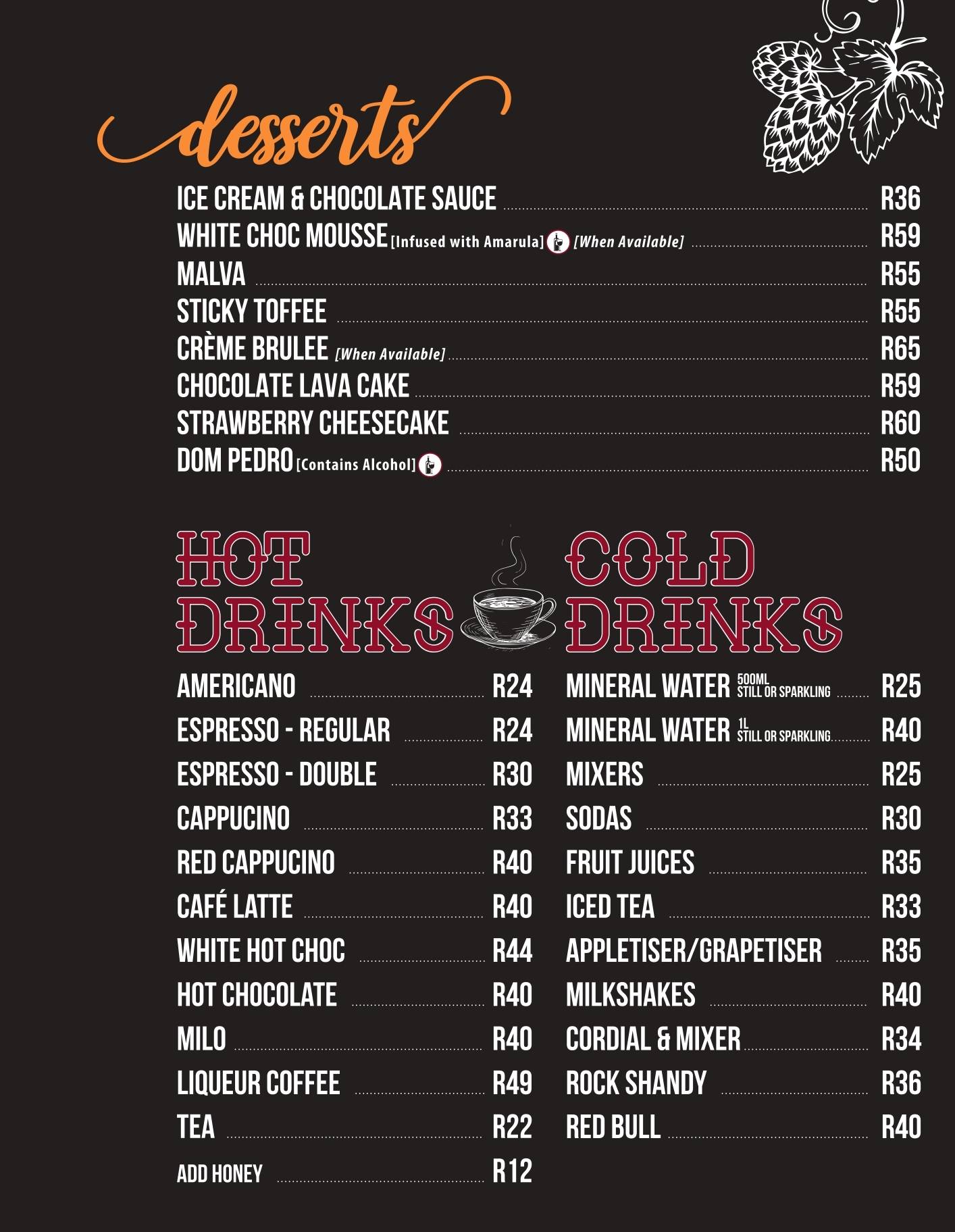 Menu at Braza restaurant, Bloemfontein, Loch Logan