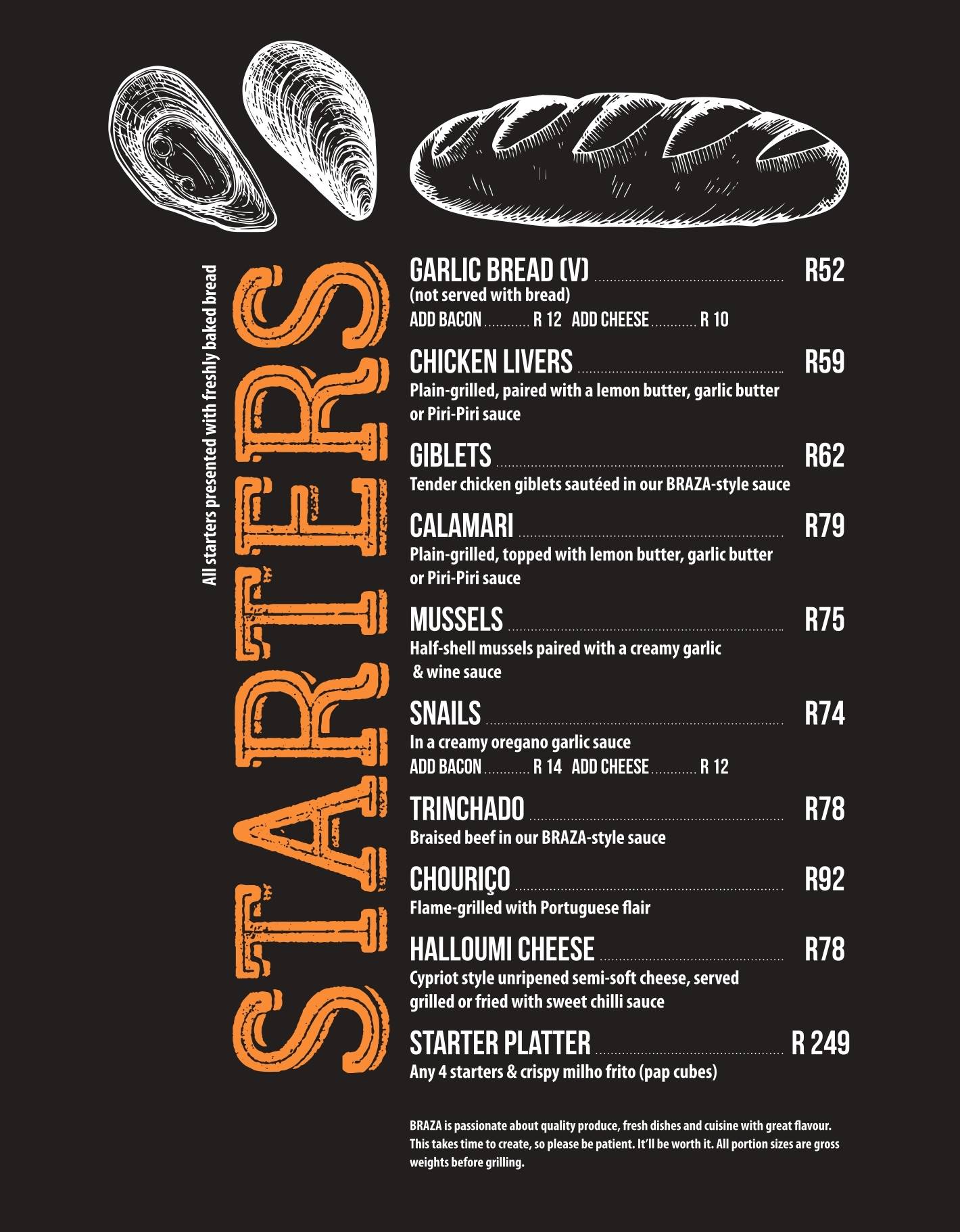 Menu at Braza restaurant, Bloemfontein, Loch Logan