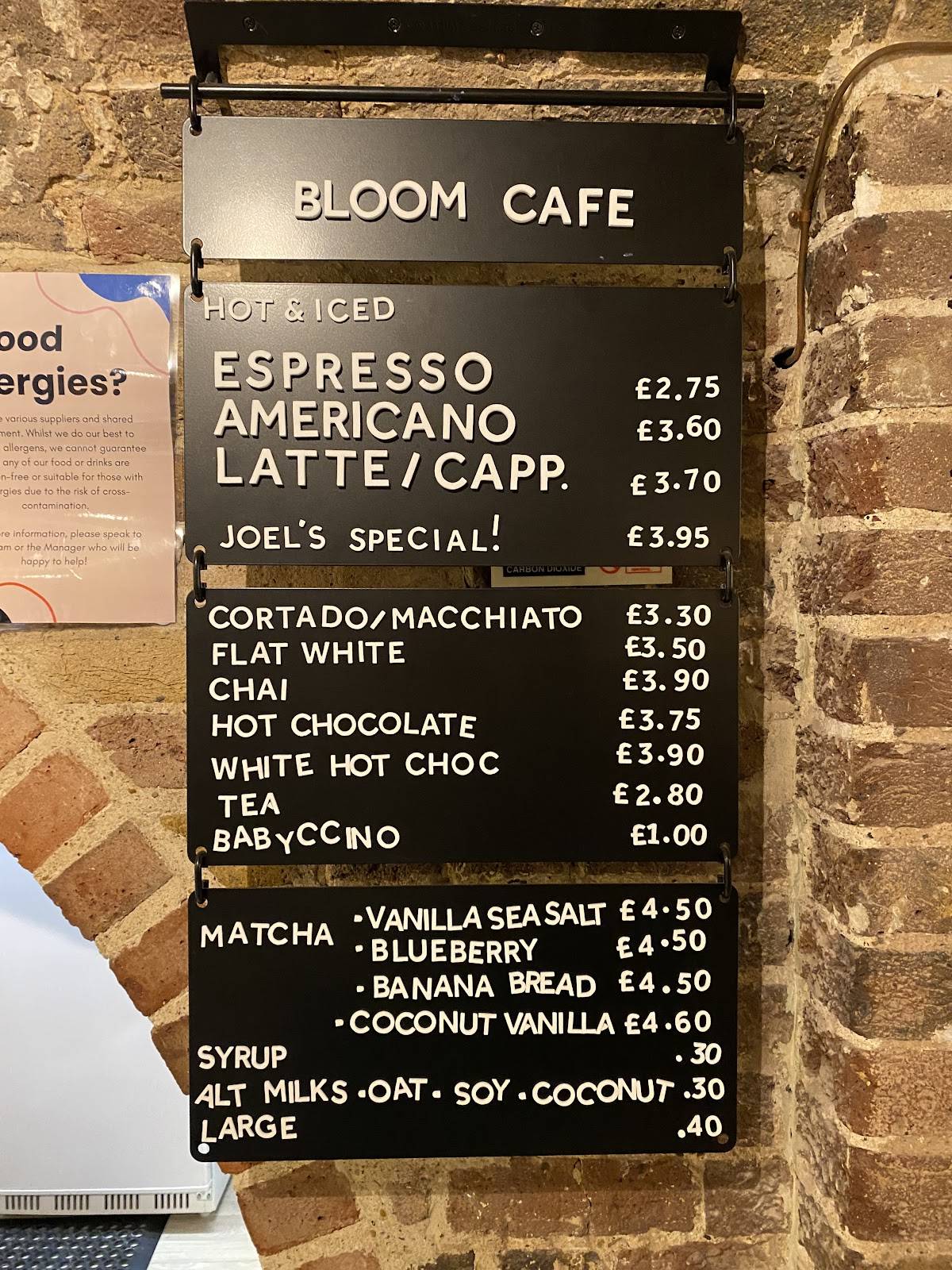 Menu at Bloom Cafe, London