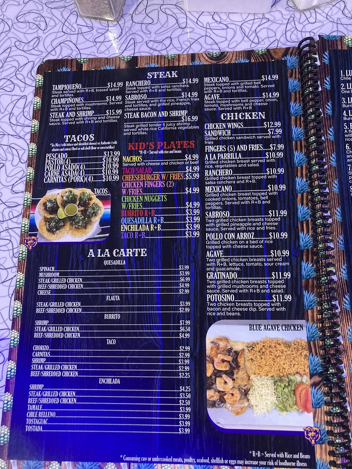 Menu at Blue Agave restaurant, Lexington