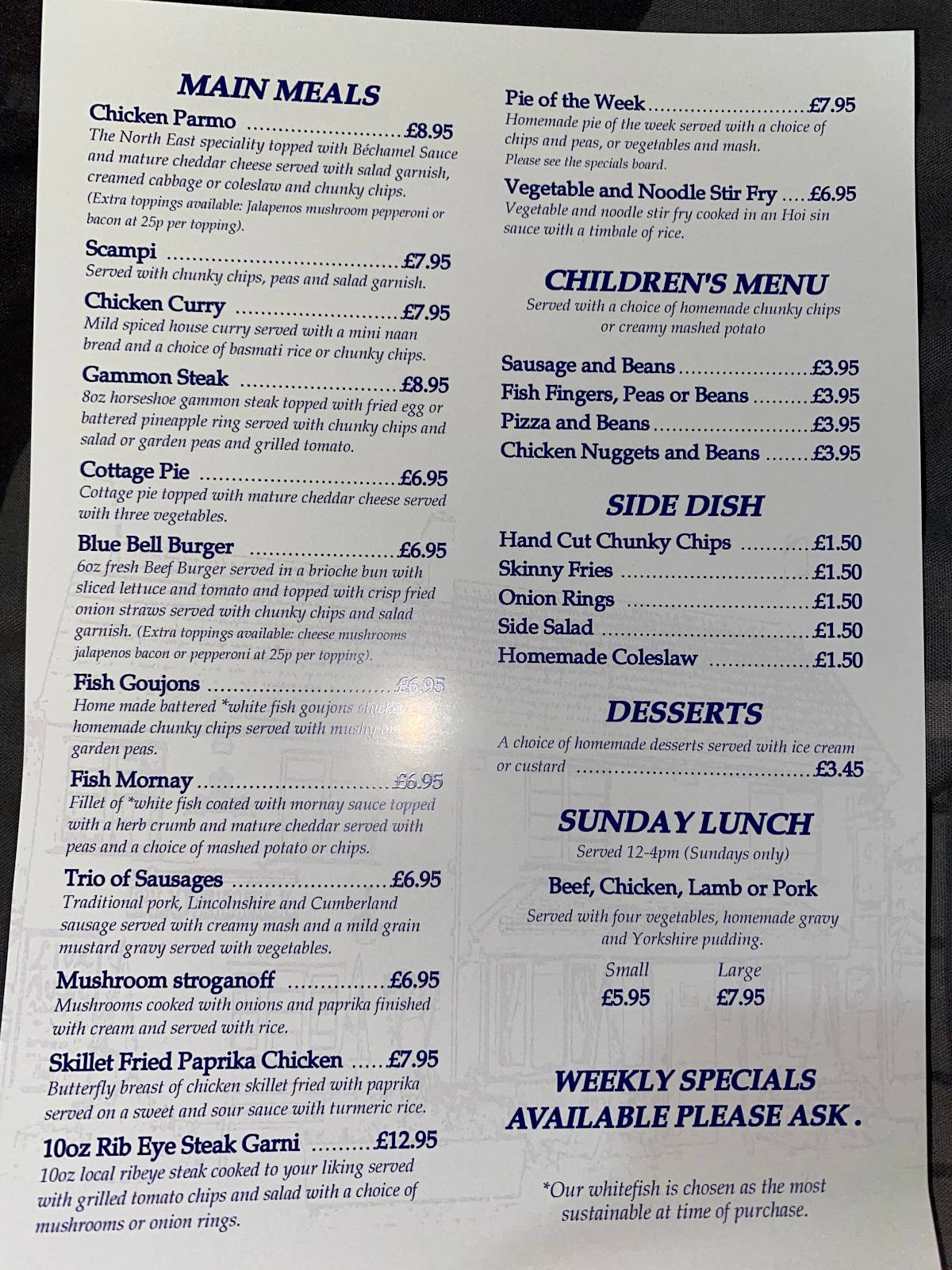 Menu at Blue Bell Inn pub & bar, Stockton-on-Tees, 31 High St