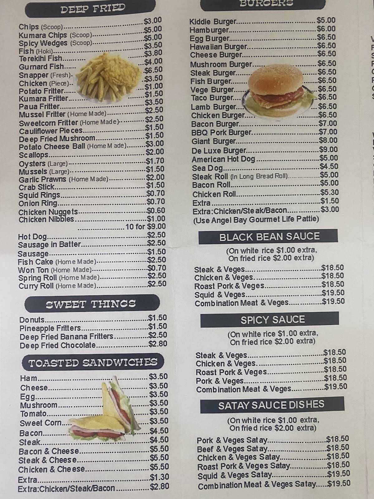 Menu at Blue Chip Takeaways restaurant, Kumeu