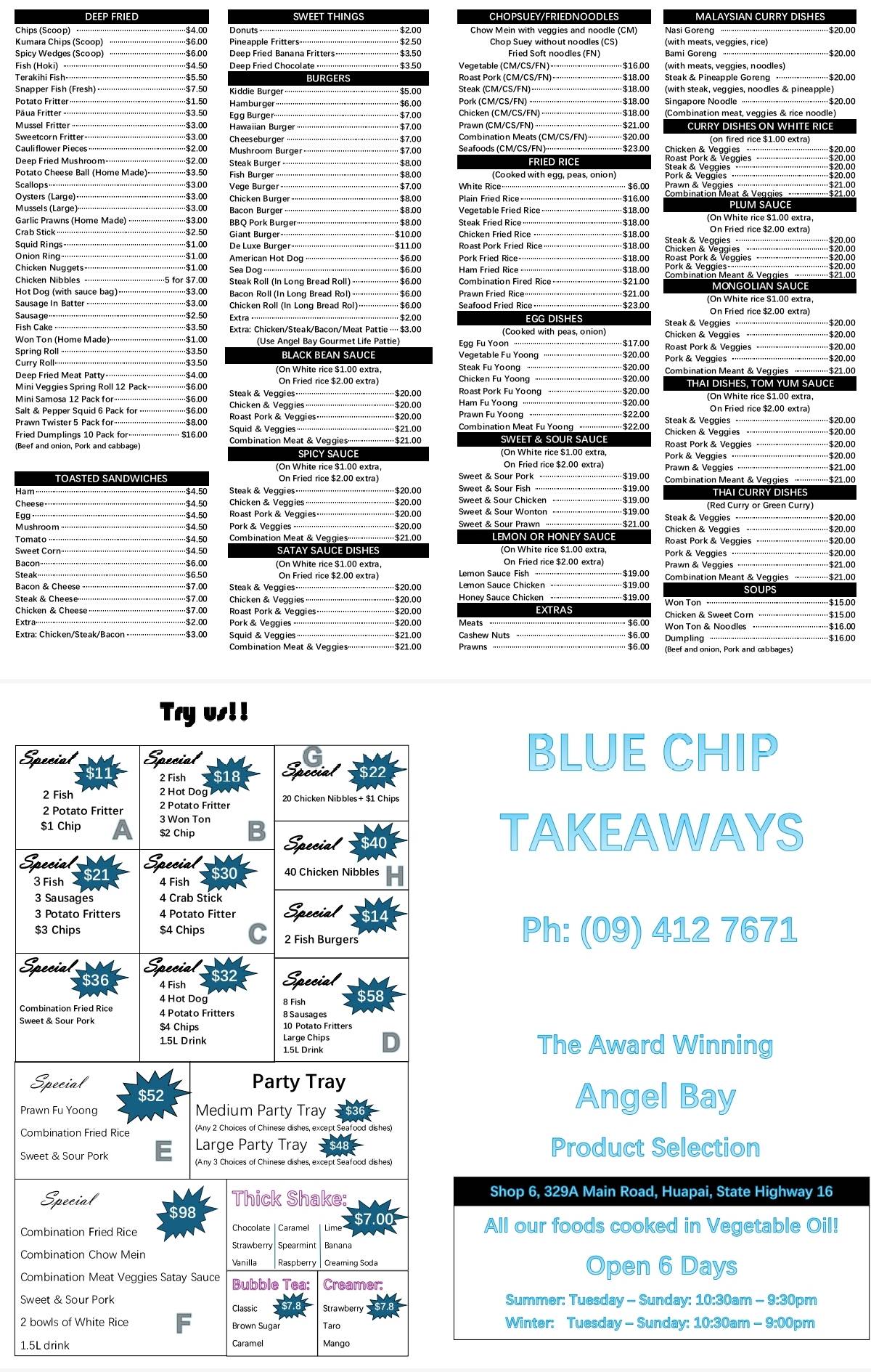 Menu at Blue Chip Takeaways restaurant, Kumeu