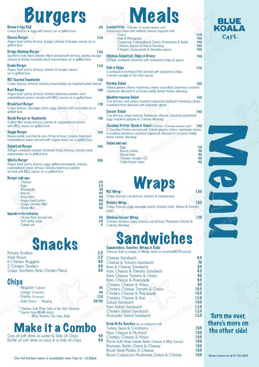 Carta de Blue Koala Cafe, Southport