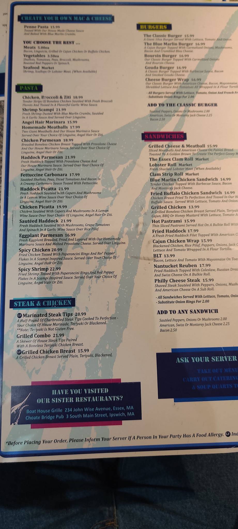 Menu at Blue Marlin Grille restaurant, Essex