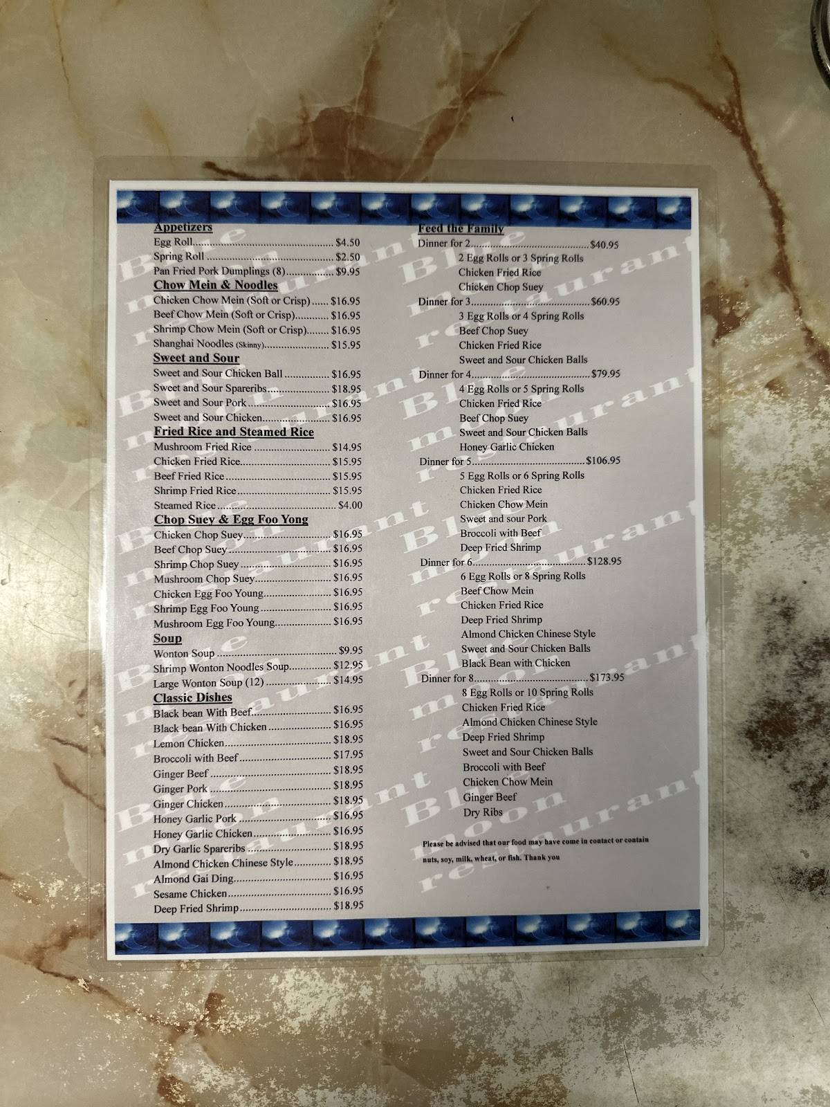 Menu at Blue Moon Restaurant, Wilkie