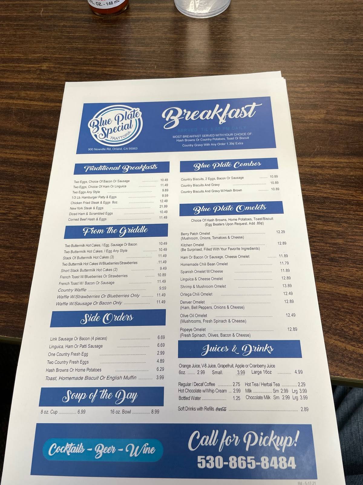 Menu at Blue Plate Special Trattoria steakhouse, Orland