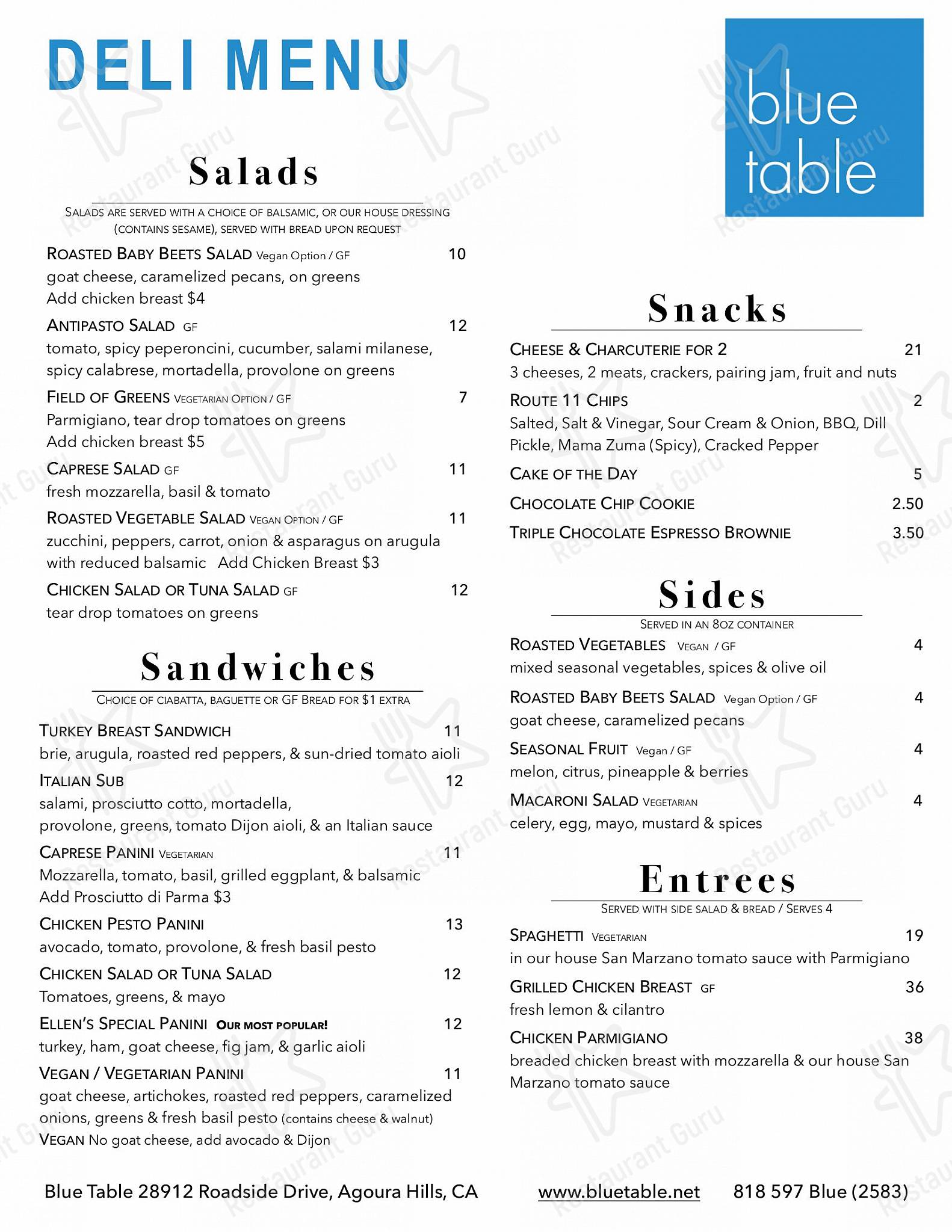 Menu at Blue Table pub & bar, Agoura Hills, Roadside Dr