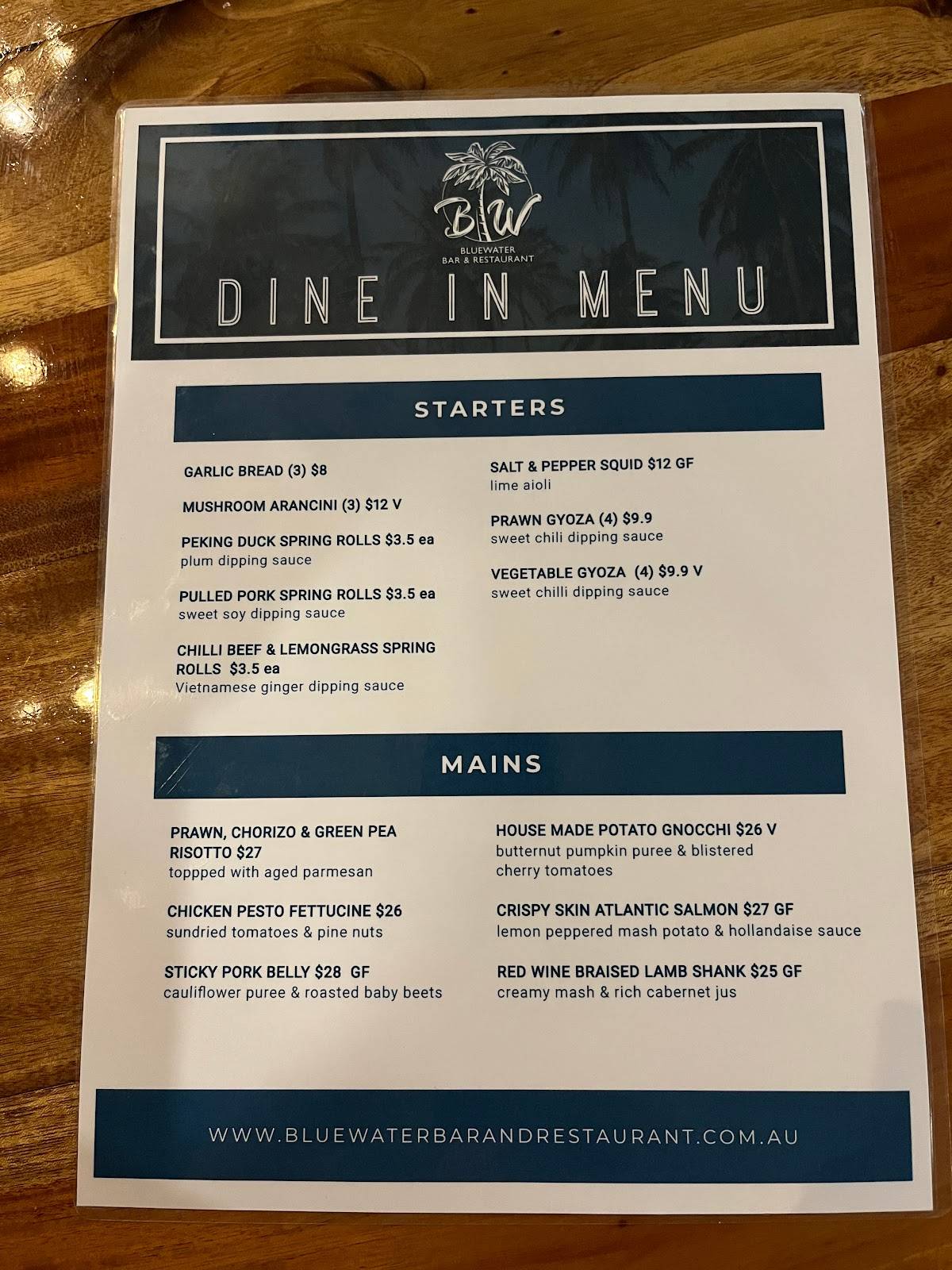 Menu at Blue Water Bar & Restaurant, Port Macquarie, Ocean St