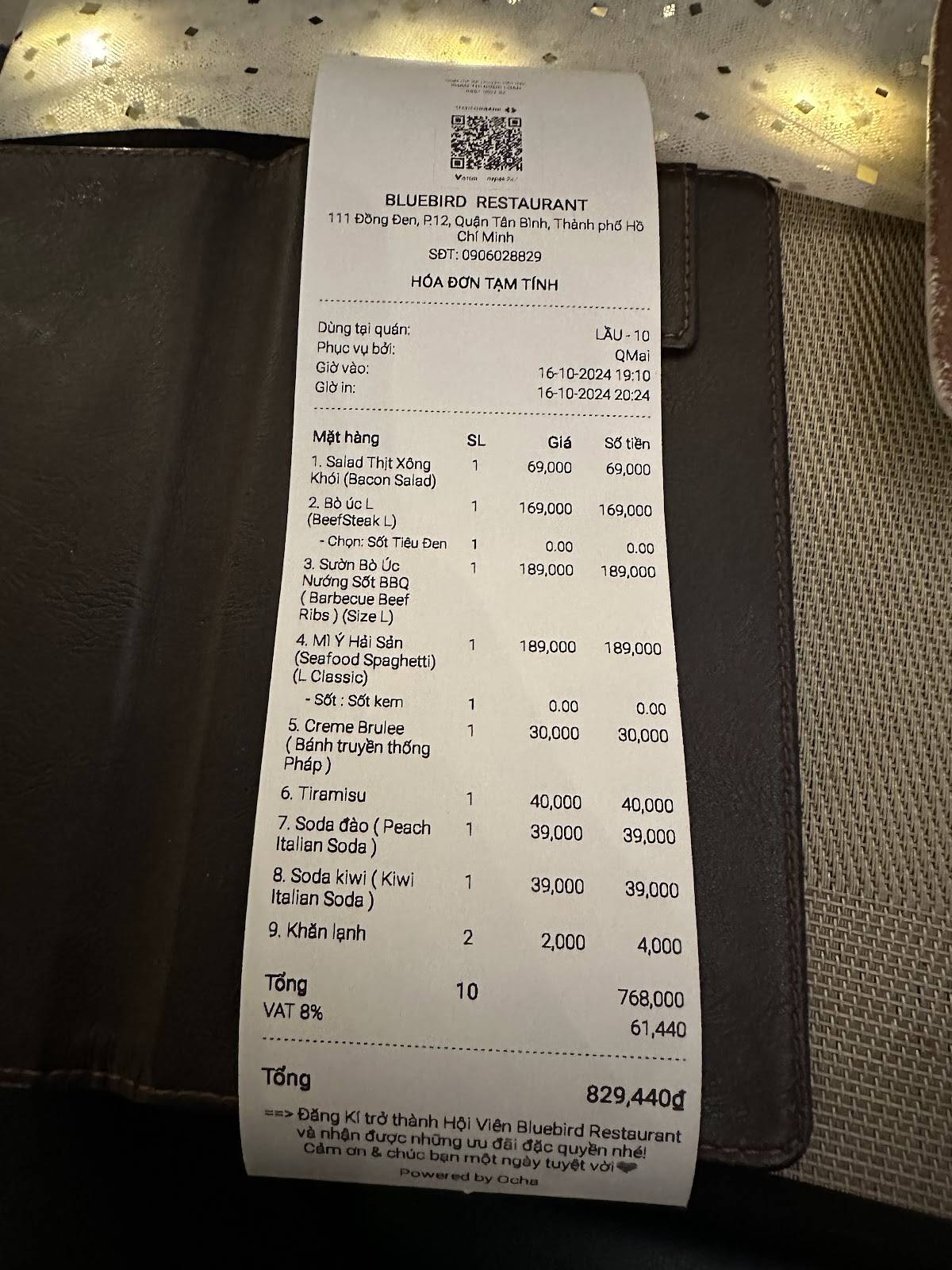Menu at Bluebird french restaurant, Ho Chi Minh City