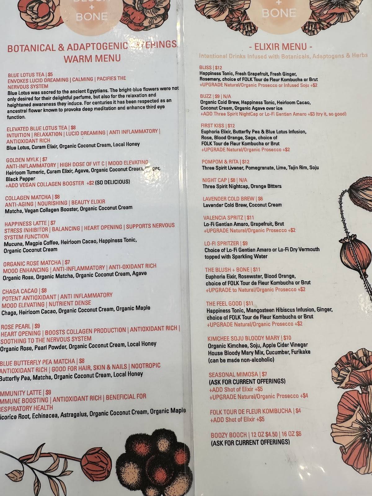 Menu at Blush + Bone, Reno