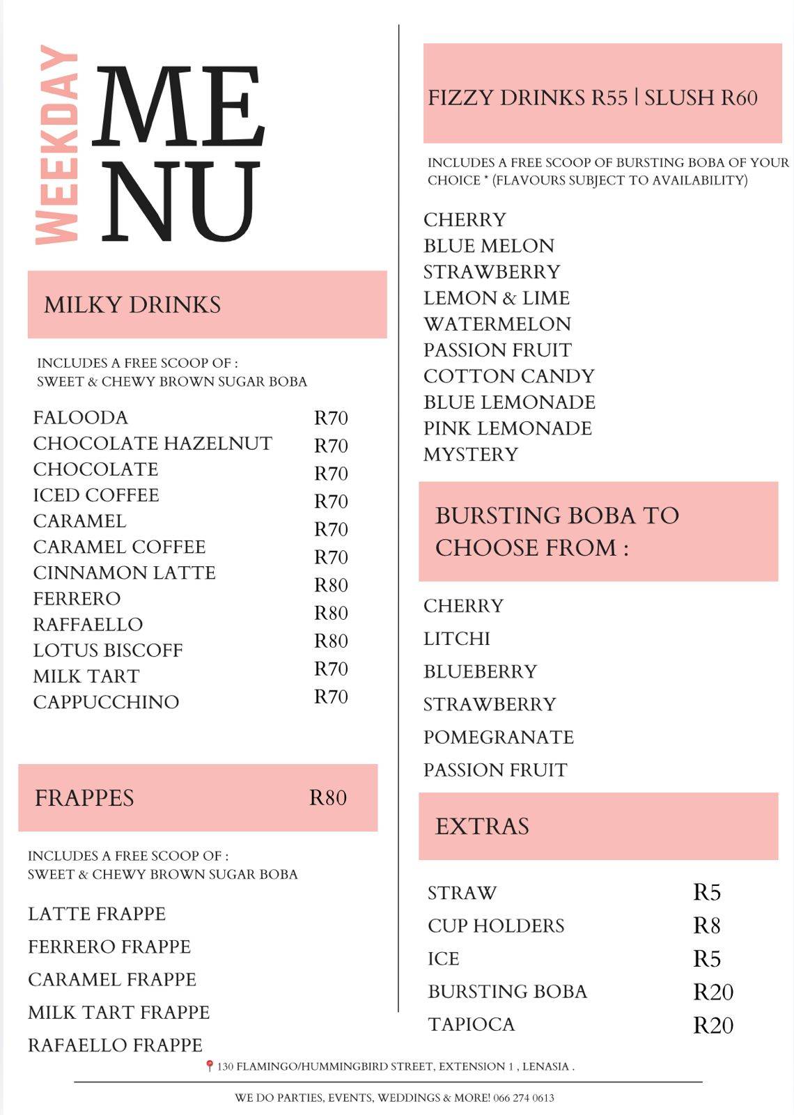 Menu au Boba Hut Lenasia café, Lenasia