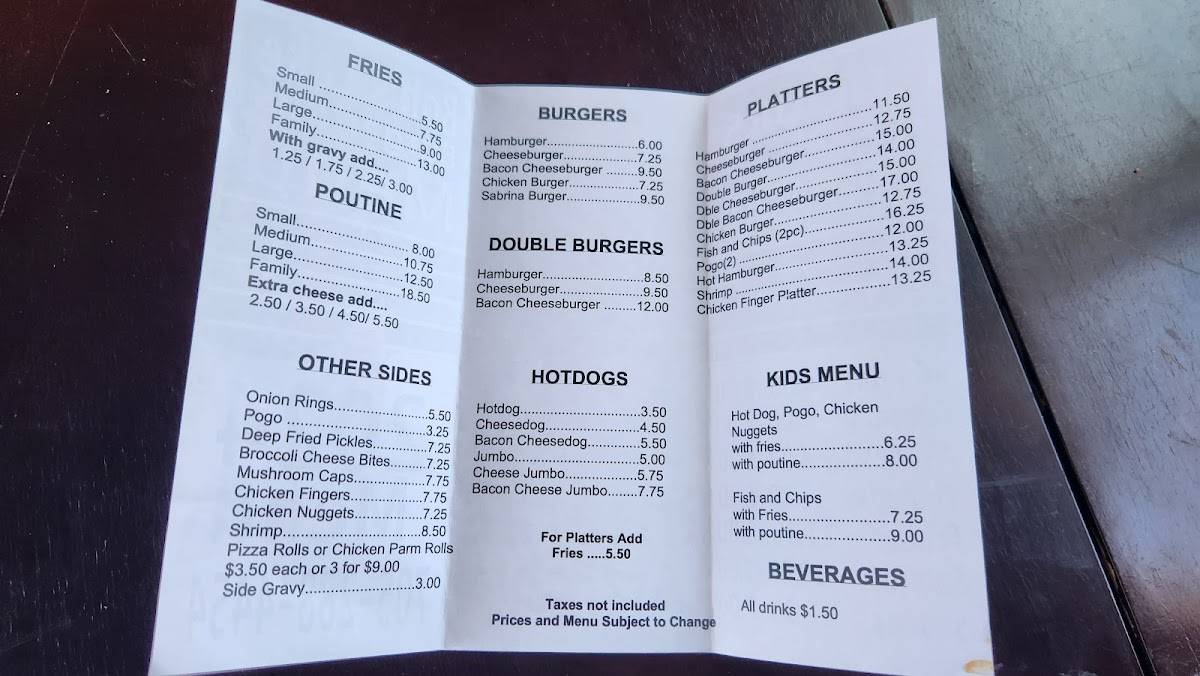 Menu at Bob's Lake Burger Bus restaurant, Timmins
