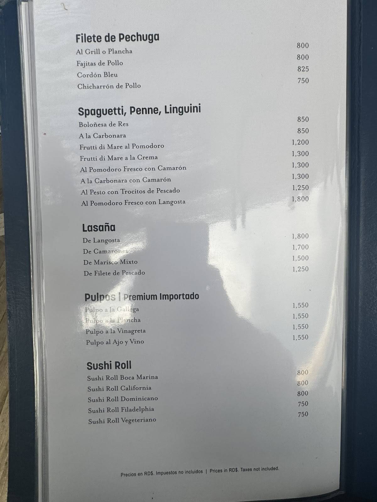 Menu at Boca Marina restaurant, Boca Chica
