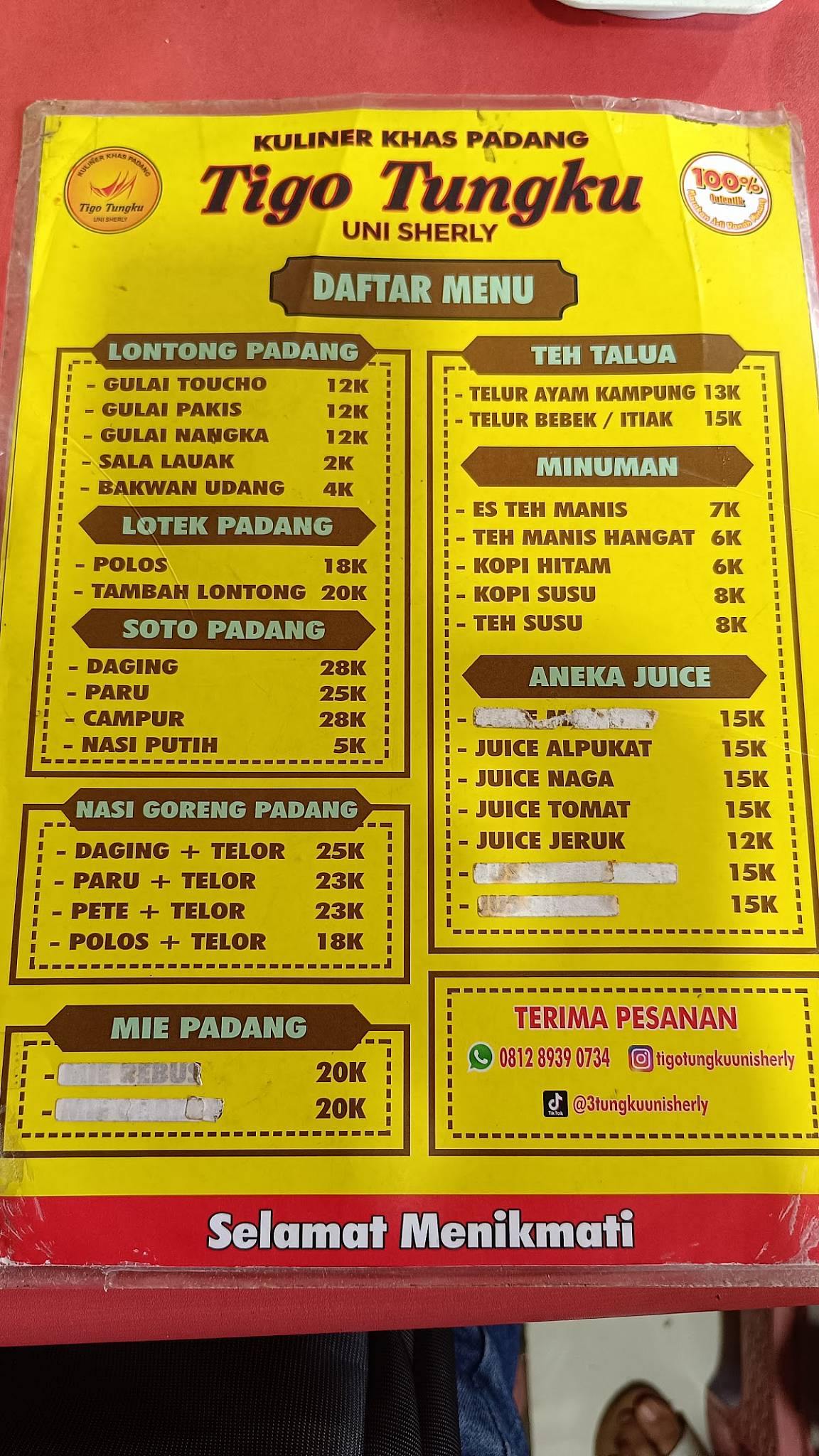 Carta del restaurante Kuliner Khas Padang Tigo Tungku Uni Sherly, Bogor
