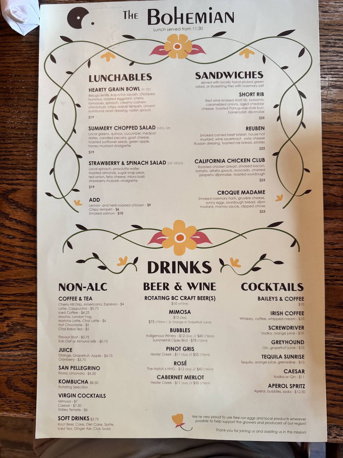 Menu au Bohemian Café & Catering Co., Kelowna