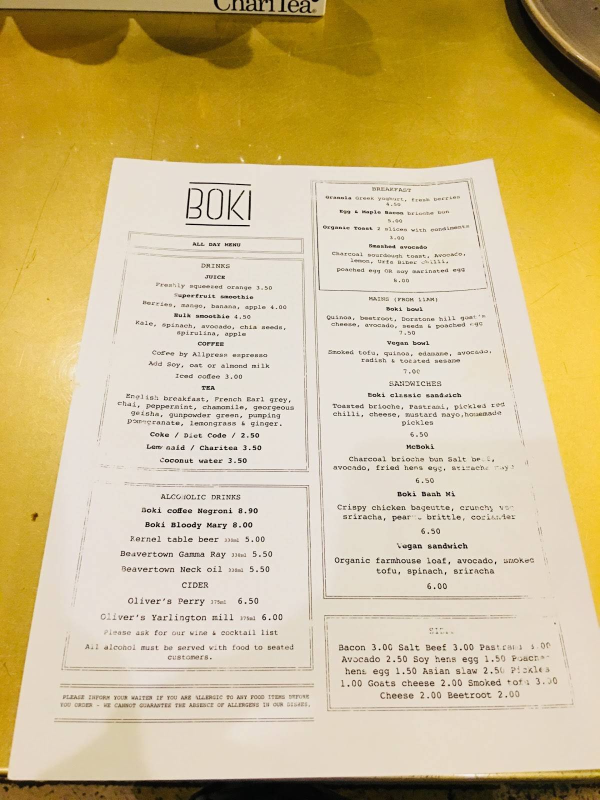 Menu at Boki pub & bar, London, 20 Earlham St