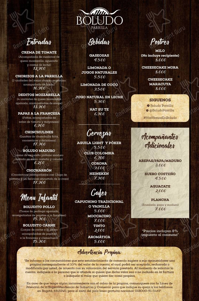 Carta de Boludo Parrilla, Armenia, Avenida Centenario 6-25