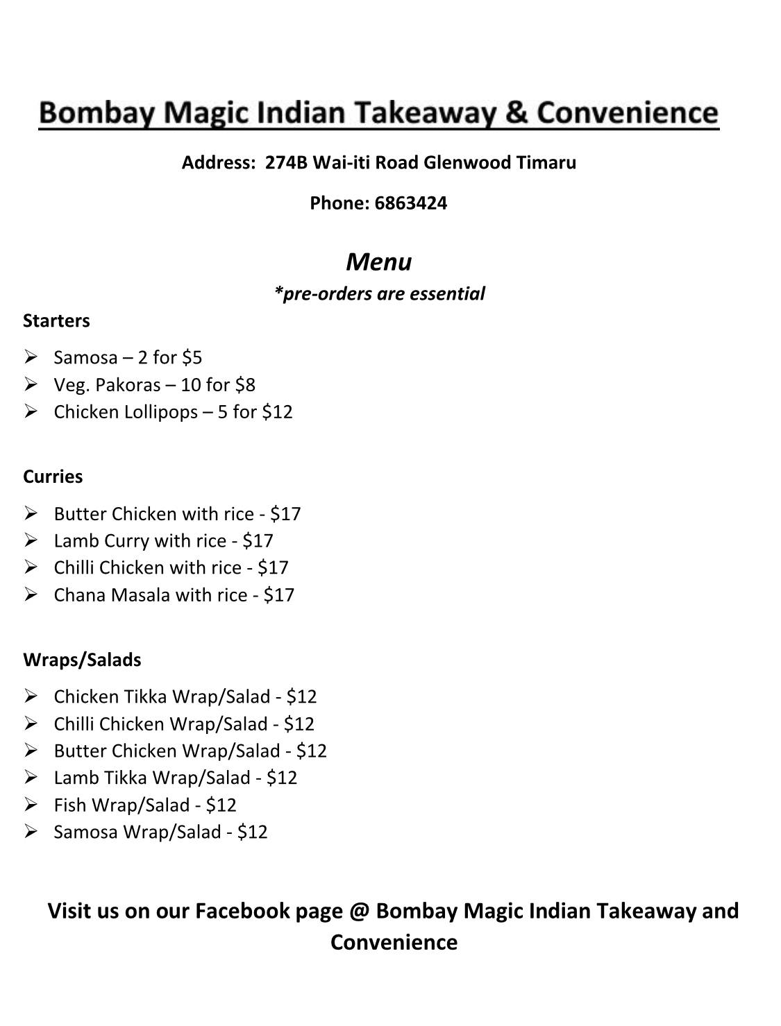 Menu at Bombay Magic Indian Takeaway & Convenience restaurant, Timaru