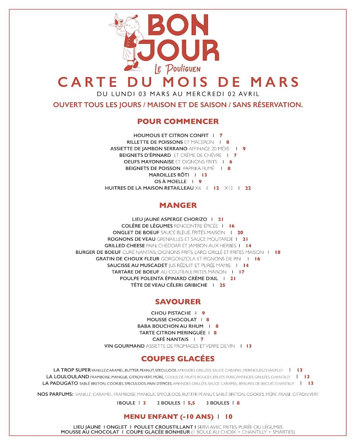 Menu au Bon Jour restaurant, Le Pouliguen