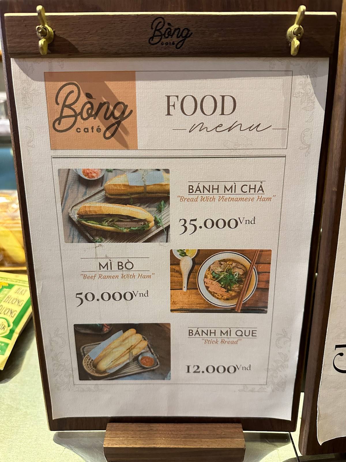 Menu at Bòng cafe, Da Nang