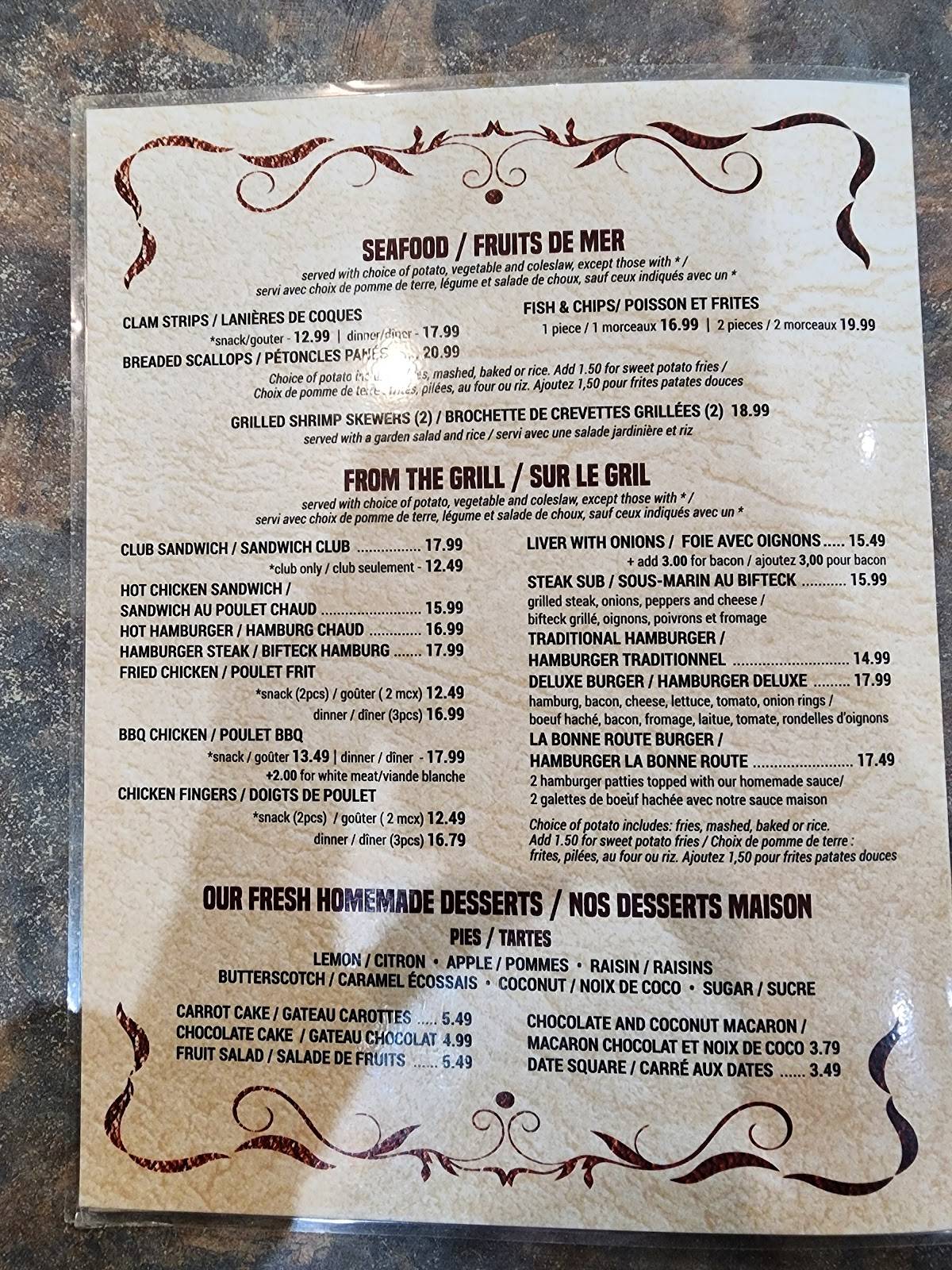 Menu at Bonne Route restaurant, Neguac