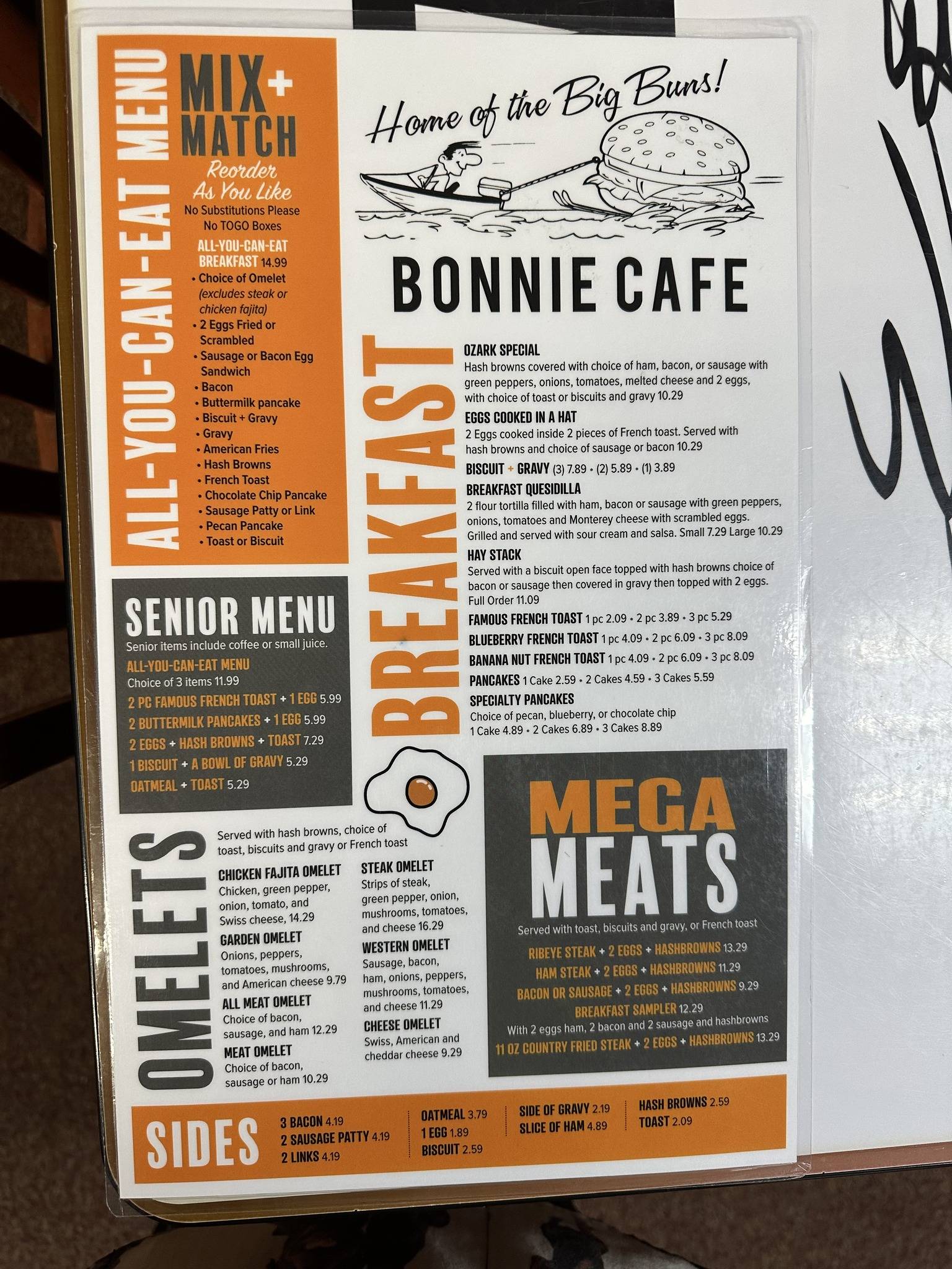 Menu at Bonnie Cafe, Osage Beach