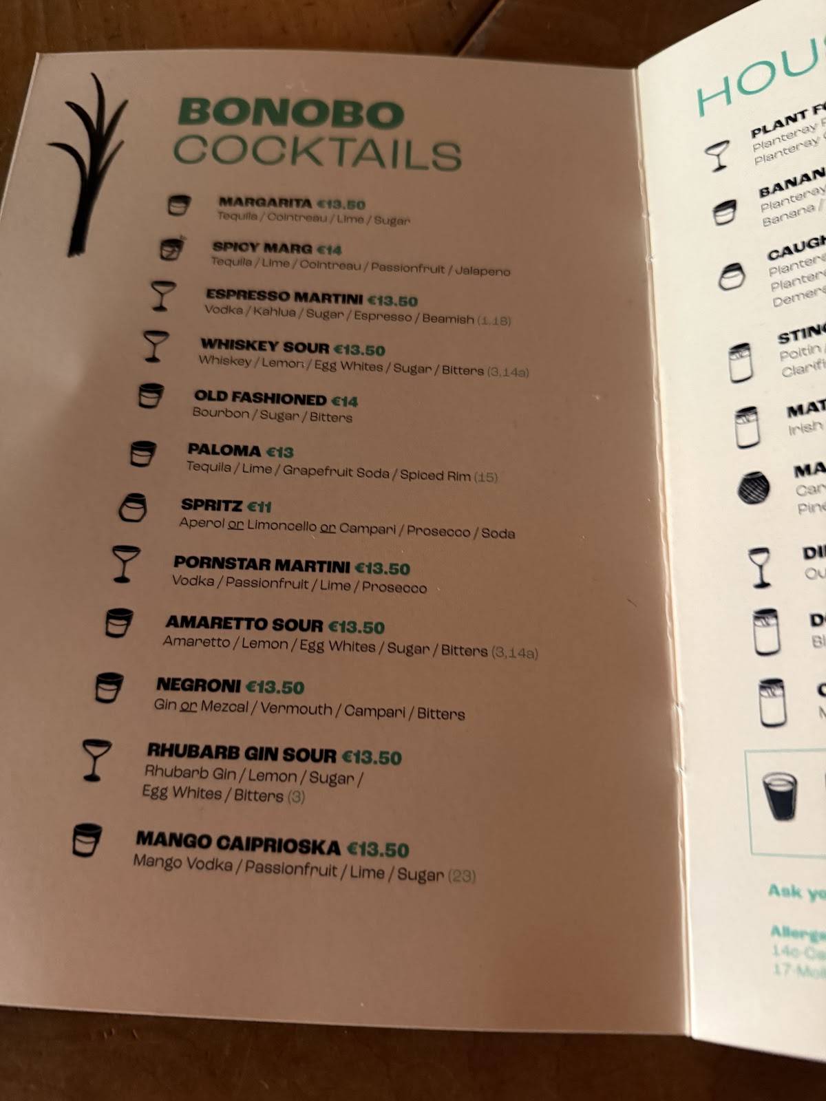 Menu at Bonobo, Smithfield pub & bar, Dublin